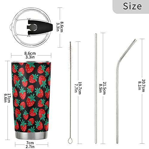 Black Strawberry Stainless Tumbler Insulated Coffee Cups with Lid and Straw Travel Mug for Hot and Cold Drinks 20oz