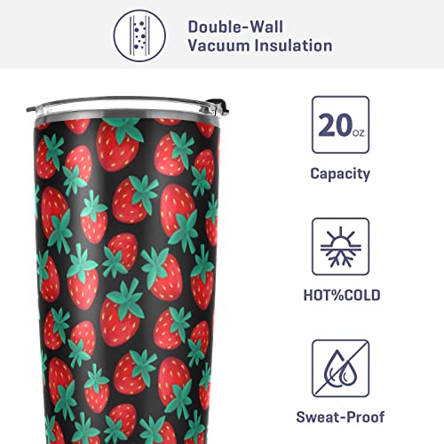 Black Strawberry Stainless Tumbler Insulated Coffee Cups with Lid and Straw Travel Mug for Hot and Cold Drinks 20oz