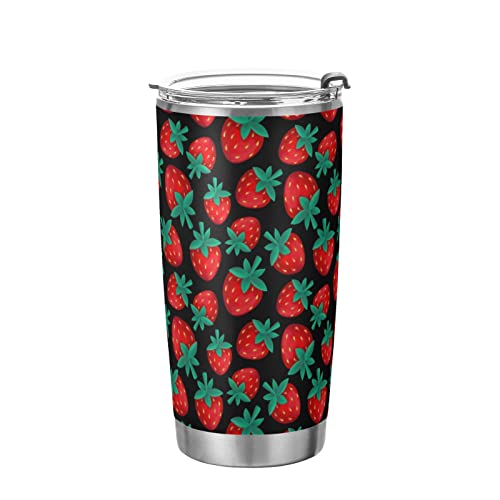 Black Strawberry Stainless Tumbler Insulated Coffee Cups with Lid and Straw Travel Mug for Hot and Cold Drinks 20oz