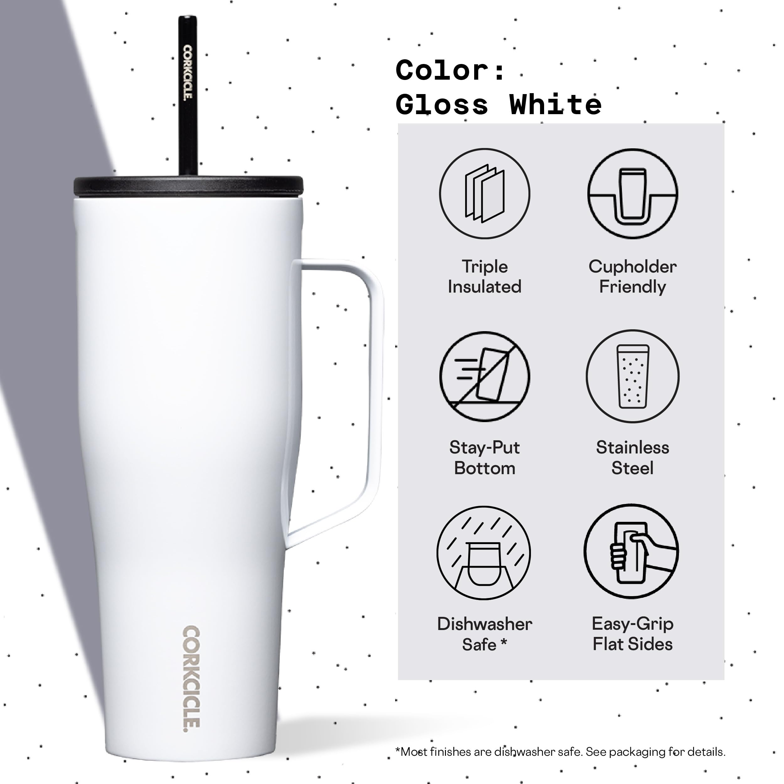 Corkcicle 30oz Tumbler With Handle, Gloss White, Reusable Water Bottle, Triple Insulated Stainless Steel Travel Mug, BPA Free, Keeps Beverages Cold 12 Hours, Tumbler with Lid and Straw, Cold Cup XL