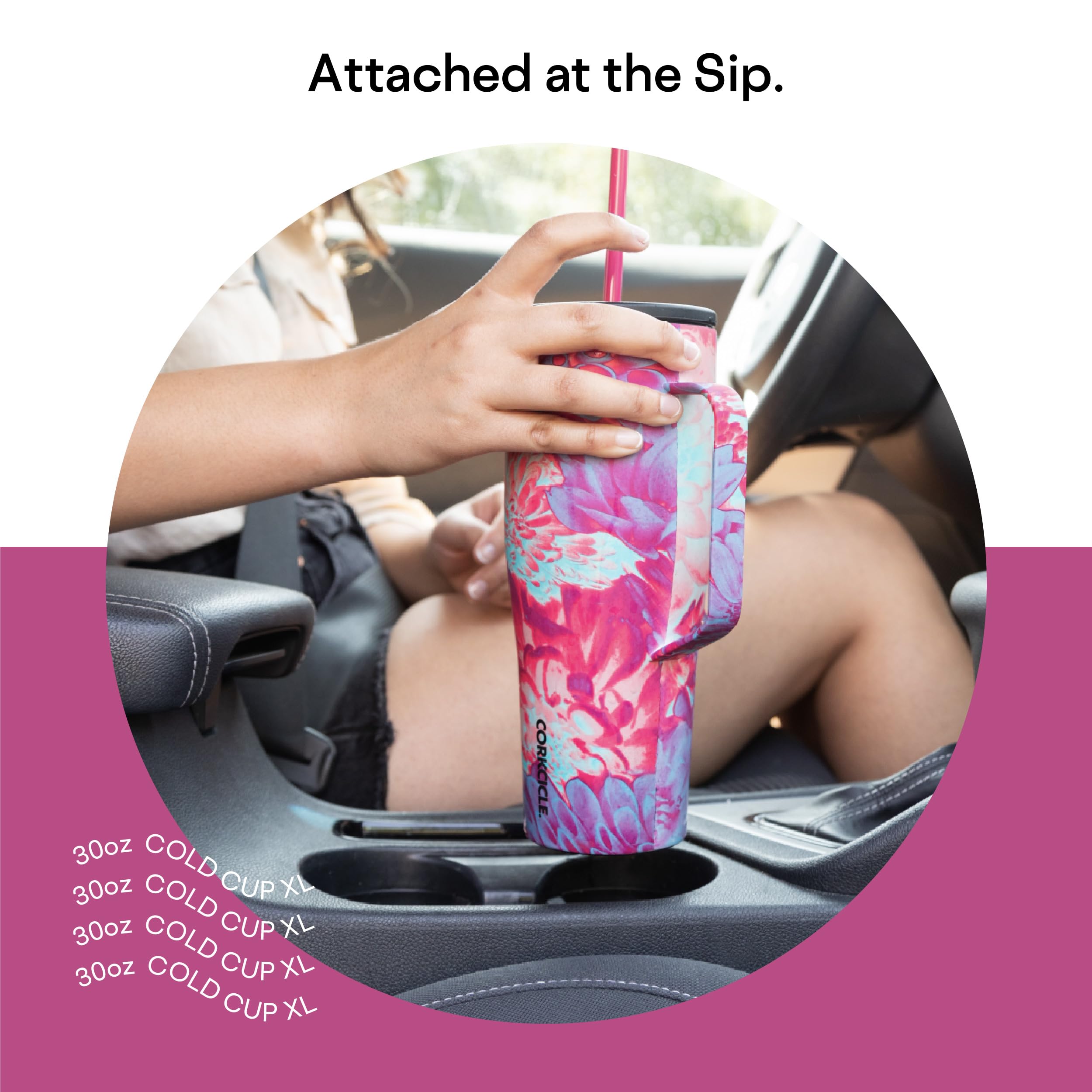 Corkcicle Cold Cup XL Insulated Tumbler with Handle, Lid, & Straw, Dopamine Floral, 30 oz β Reusable Cupholder Friendly Water Bottle Keeps Drinks Cold 12hrs