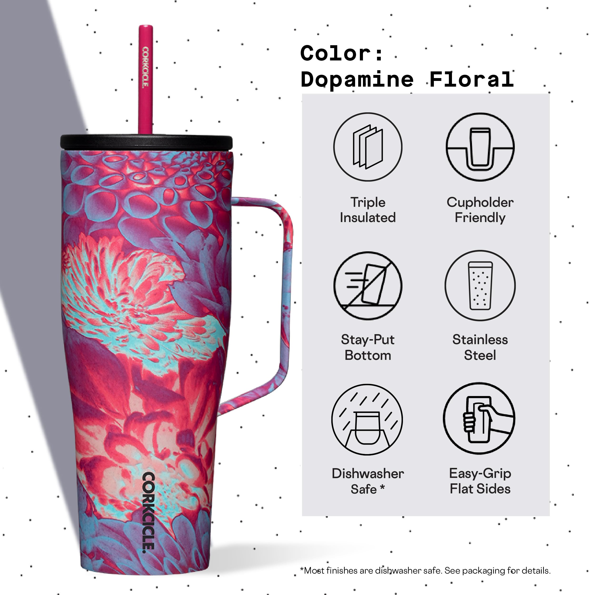 Corkcicle Cold Cup XL Insulated Tumbler with Handle, Lid, & Straw, Dopamine Floral, 30 oz β Reusable Cupholder Friendly Water Bottle Keeps Drinks Cold 12hrs