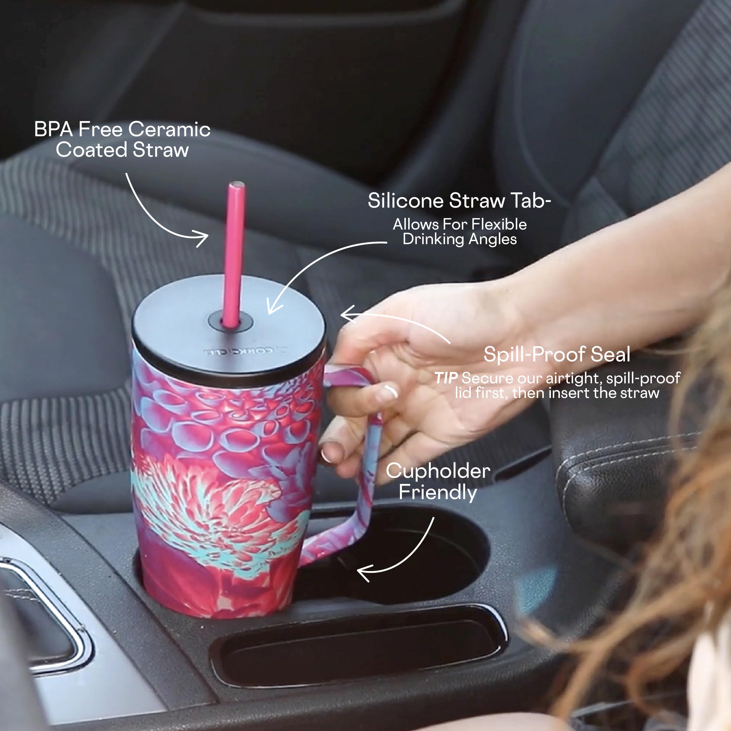 Corkcicle Cold Cup XL Insulated Tumbler with Handle, Lid, & Straw, Dopamine Floral, 30 oz β Reusable Cupholder Friendly Water Bottle Keeps Drinks Cold 12hrs