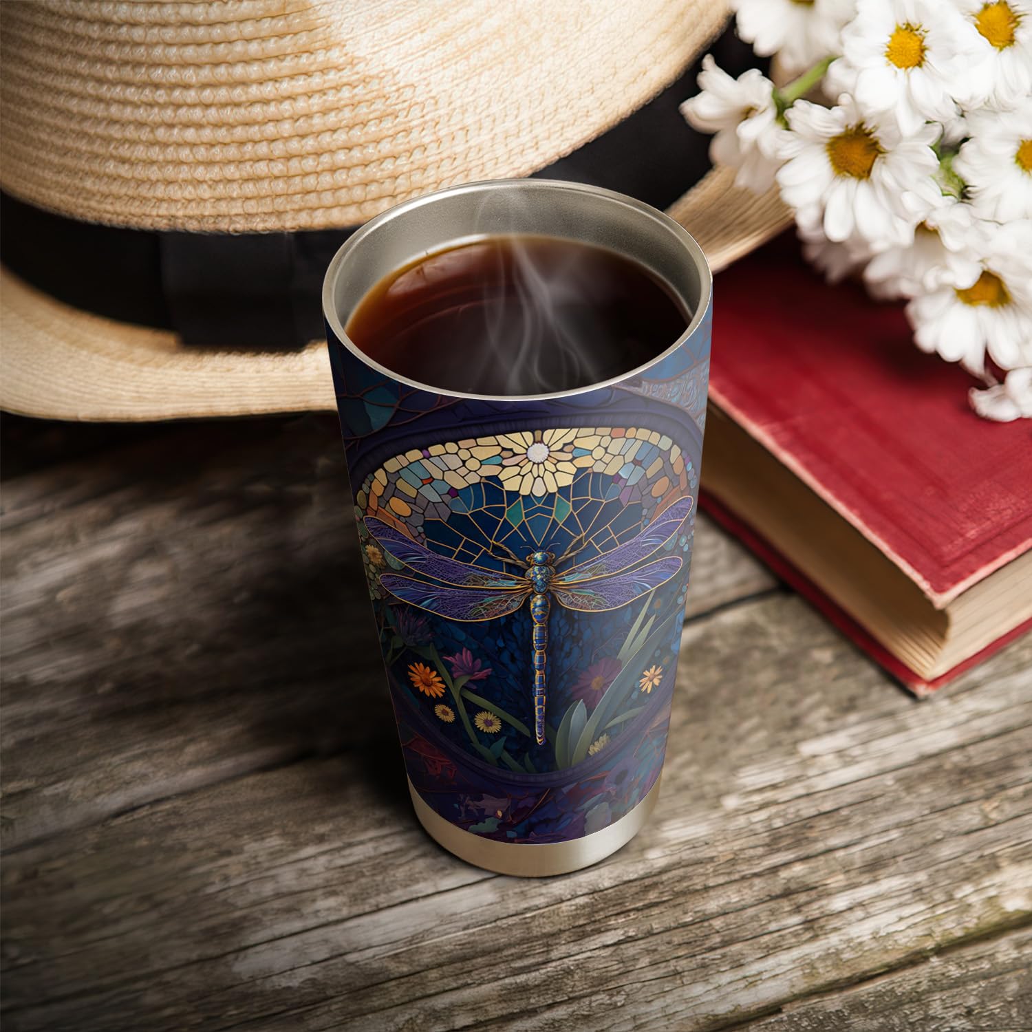 ORCAE 20oz Dragonfly Coffee Tumbler, Dragonfly Gifts for Dragonfly Lovers, Colorful Mosaic Flower Purple Dragonfly Tumbler Cup, Stainless Steel Coffee Thermos Insulated Travel Mug with Lid - G