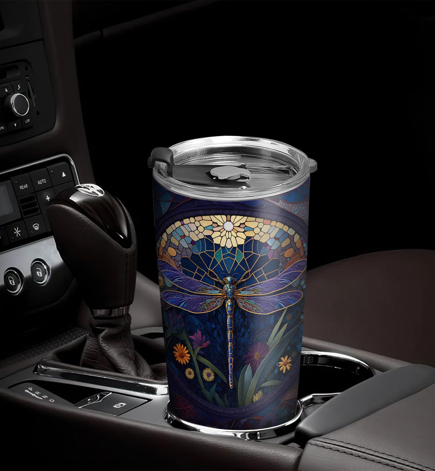ORCAE 20oz Dragonfly Coffee Tumbler, Dragonfly Gifts for Dragonfly Lovers, Colorful Mosaic Flower Purple Dragonfly Tumbler Cup, Stainless Steel Coffee Thermos Insulated Travel Mug with Lid - G
