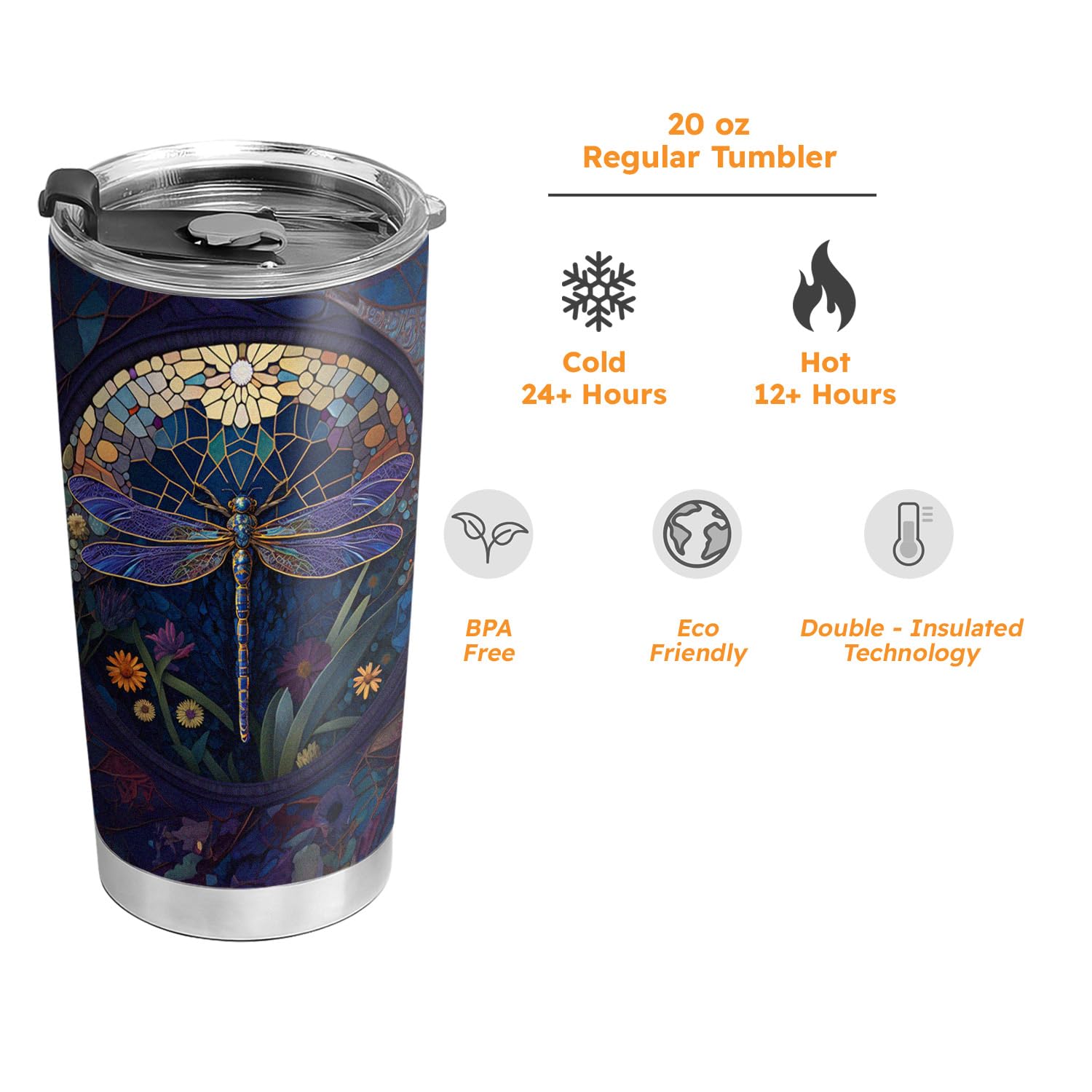 ORCAE 20oz Dragonfly Coffee Tumbler, Dragonfly Gifts for Dragonfly Lovers, Colorful Mosaic Flower Purple Dragonfly Tumbler Cup, Stainless Steel Coffee Thermos Insulated Travel Mug with Lid - G