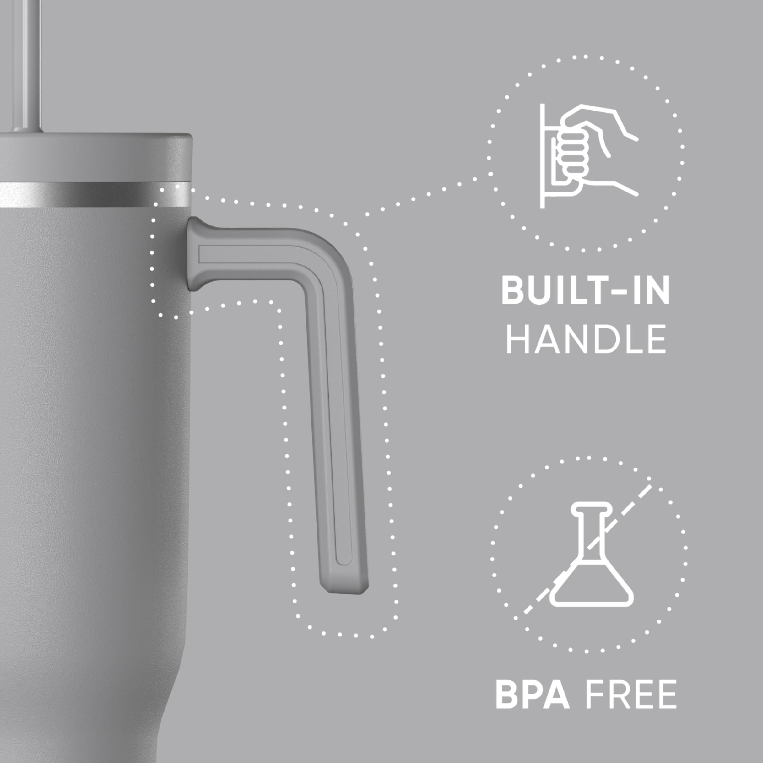 Hydrapeak Voyager 40 Oz Stainless Steel Tumbler with Handle, Insulated Water Bottle With Straw & Lid, Cupholder Friendly Reusable Travel Mug (Grey)