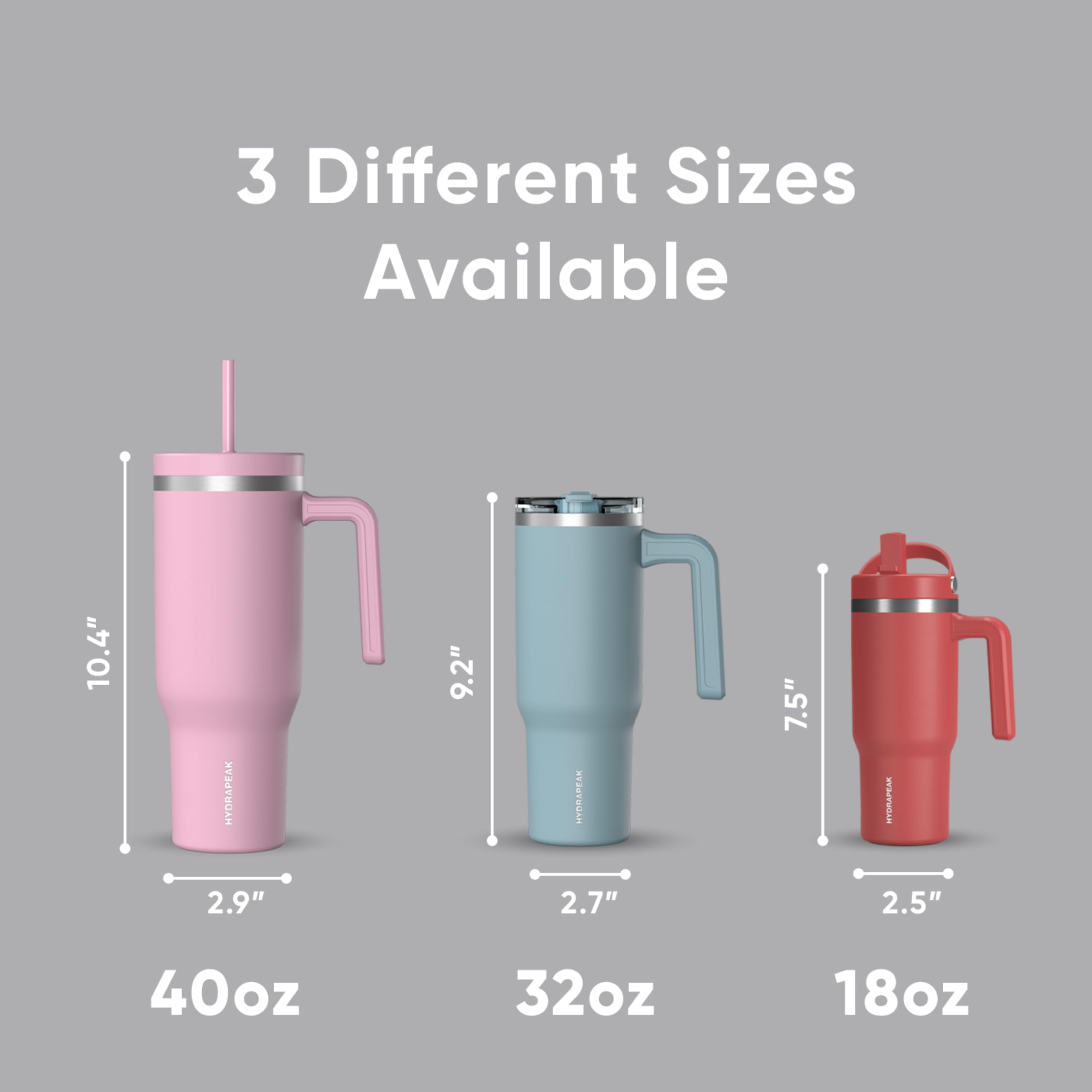 Hydrapeak Voyager 40 Oz Stainless Steel Tumbler with Handle, Insulated Water Bottle With Straw & Lid, Cupholder Friendly Reusable Travel Mug (Grey)