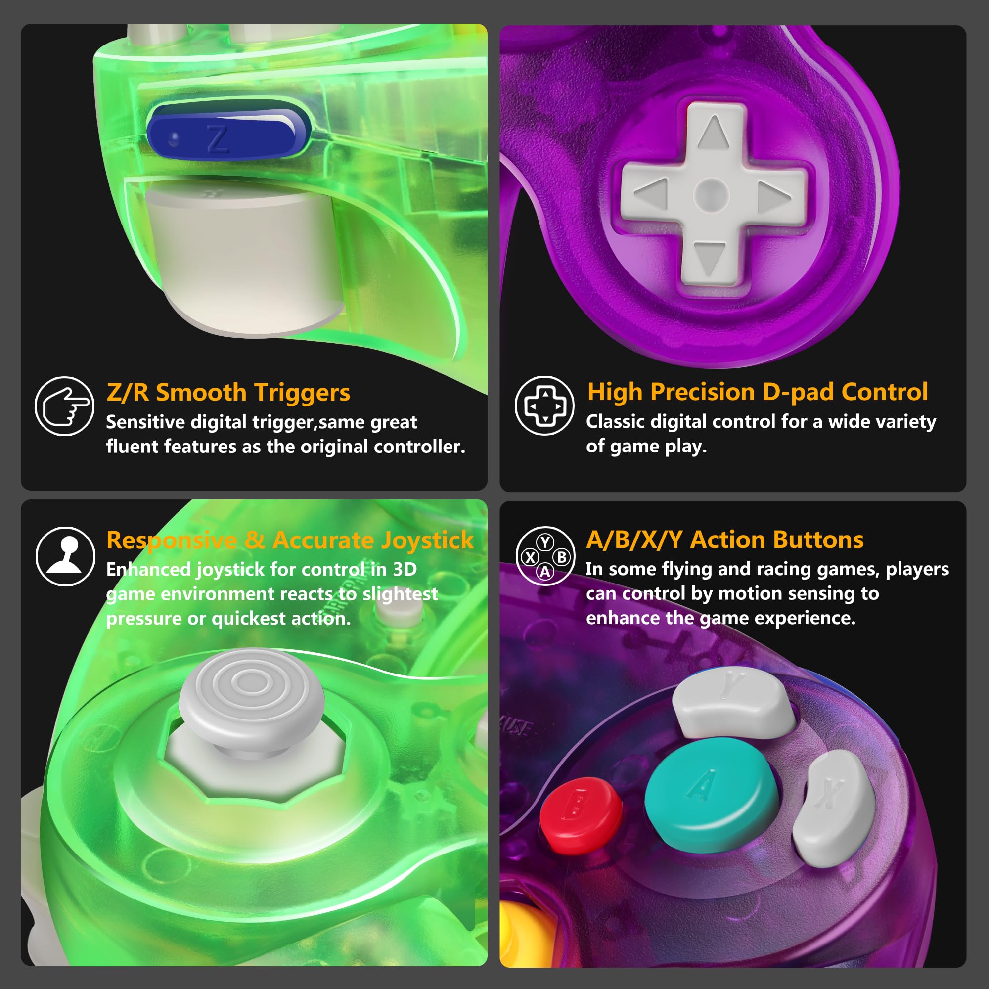 FIOTOK Gamecube Controller, Classic Wired Controller for Wii Nintendo Gamecube (Clear Purple & Clear Green-2Pack)