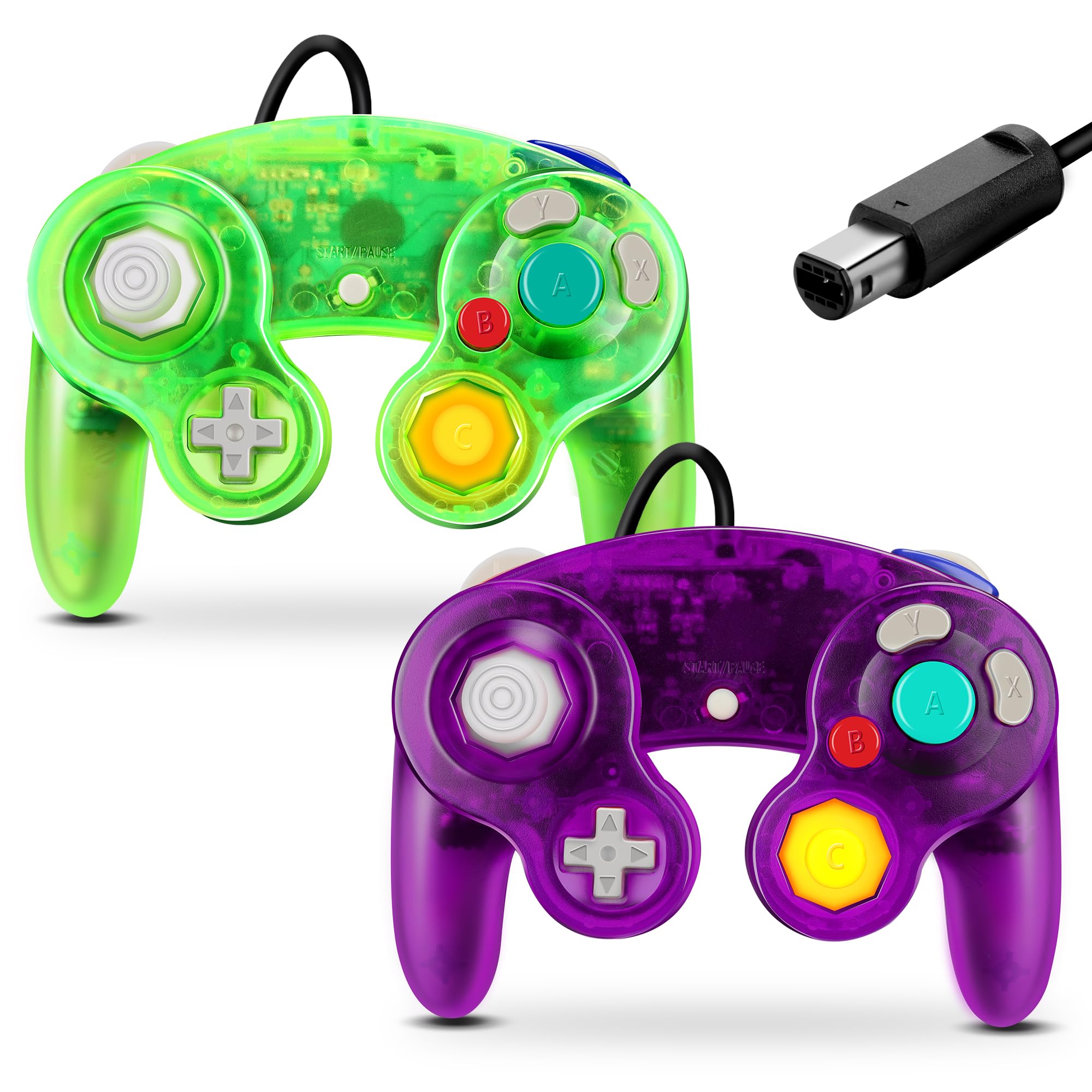 FIOTOK Gamecube Controller, Classic Wired Controller for Wii Nintendo Gamecube (Clear Purple & Clear Green-2Pack)