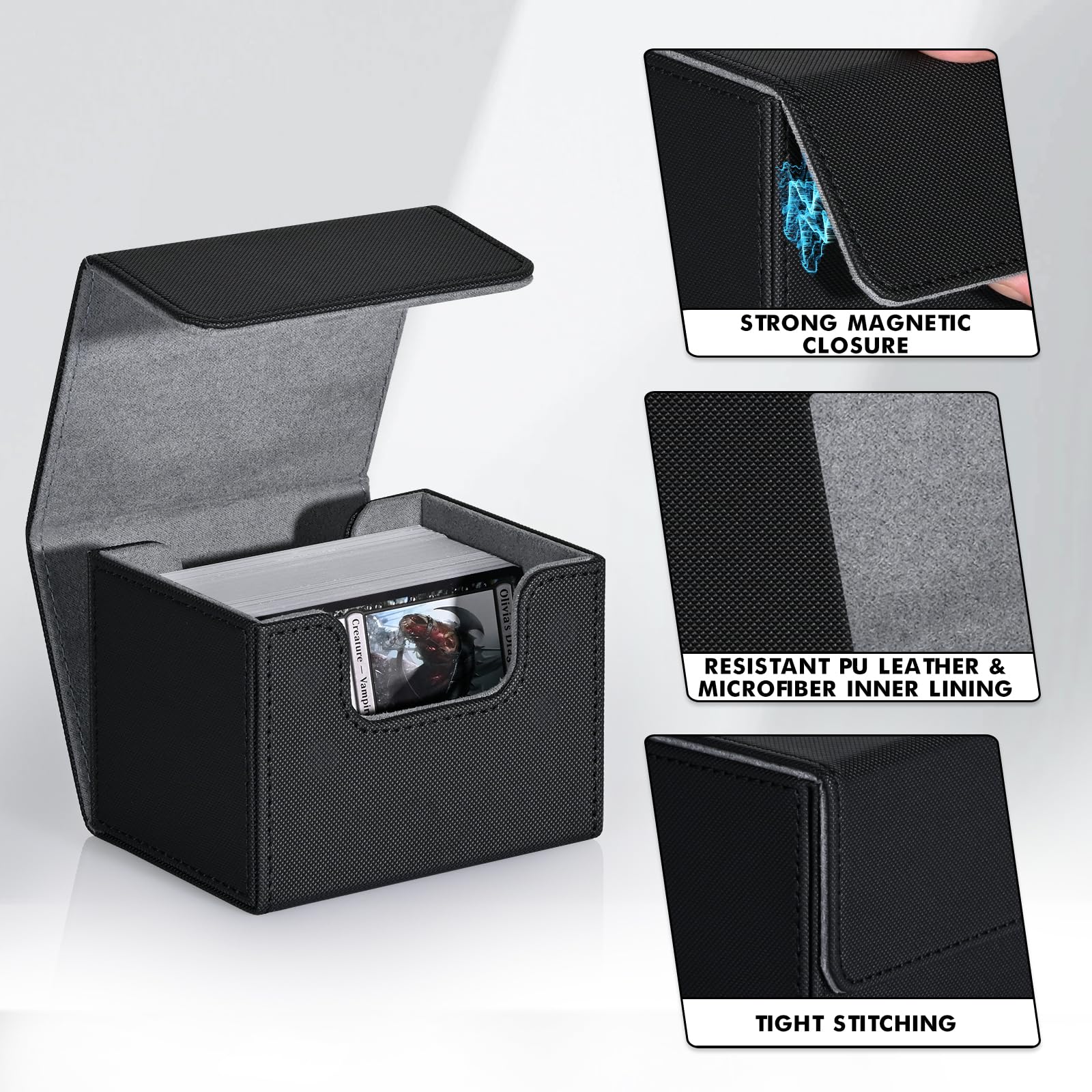 ZLCA Card Deck Box for Trading Cards, MTG Commander Deck Box Holds 120+ Single Sleeved Cards, Leather Magnetic Card Storage Box Fits for TCG CCG Magic Cards (Black)