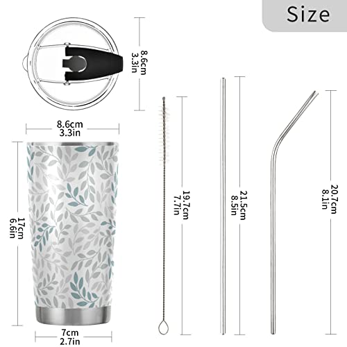 Blue Gray Leaves Branches Stainless Tumbler Insulated Coffee Cups with Lid and Straw Travel Mug for Hot and Cold Drinks 20oz