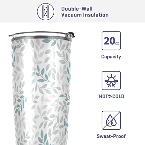 Blue Gray Leaves Branches Stainless Tumbler Insulated Coffee Cups with Lid and Straw Travel Mug for Hot and Cold Drinks 20oz