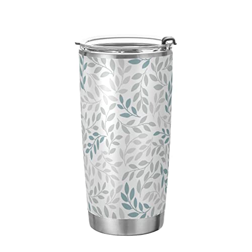 Blue Gray Leaves Branches Stainless Tumbler Insulated Coffee Cups with Lid and Straw Travel Mug for Hot and Cold Drinks 20oz