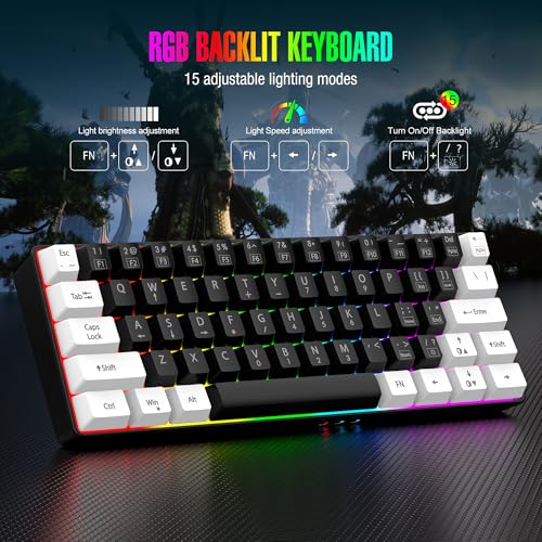 CTBTBESE 60% Wired Gaming Keyboard, RGB Backlit Mini Keyboard, Waterproof Small Ultra-Compact 61 Keys Keyboard for PC/Mac Gamer, Typist, Travel, Easy to Carry on Business Trip(Black-White)