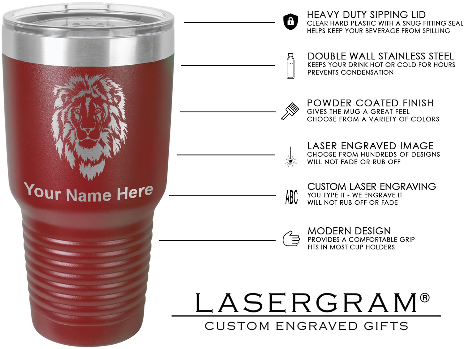 LaserGram 30oz Vacuum Insulated Tumbler Mug, Tyrannosaurus Rex Dinosaur, Personalized Engraving Included (Maroon)