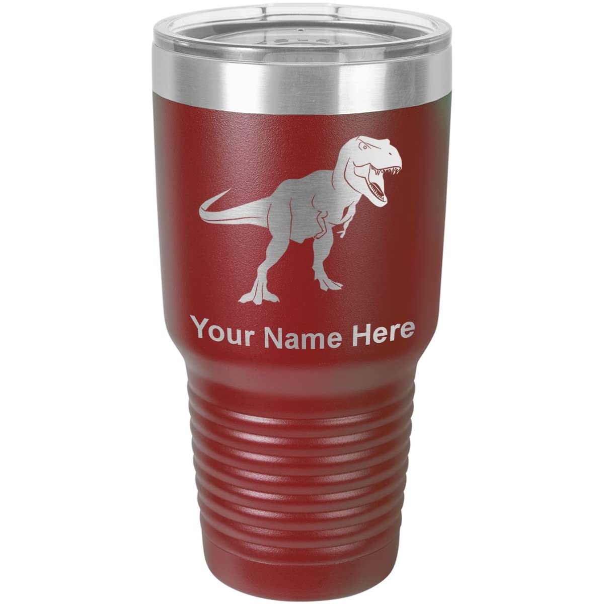 LaserGram 30oz Vacuum Insulated Tumbler Mug, Tyrannosaurus Rex Dinosaur, Personalized Engraving Included (Maroon)