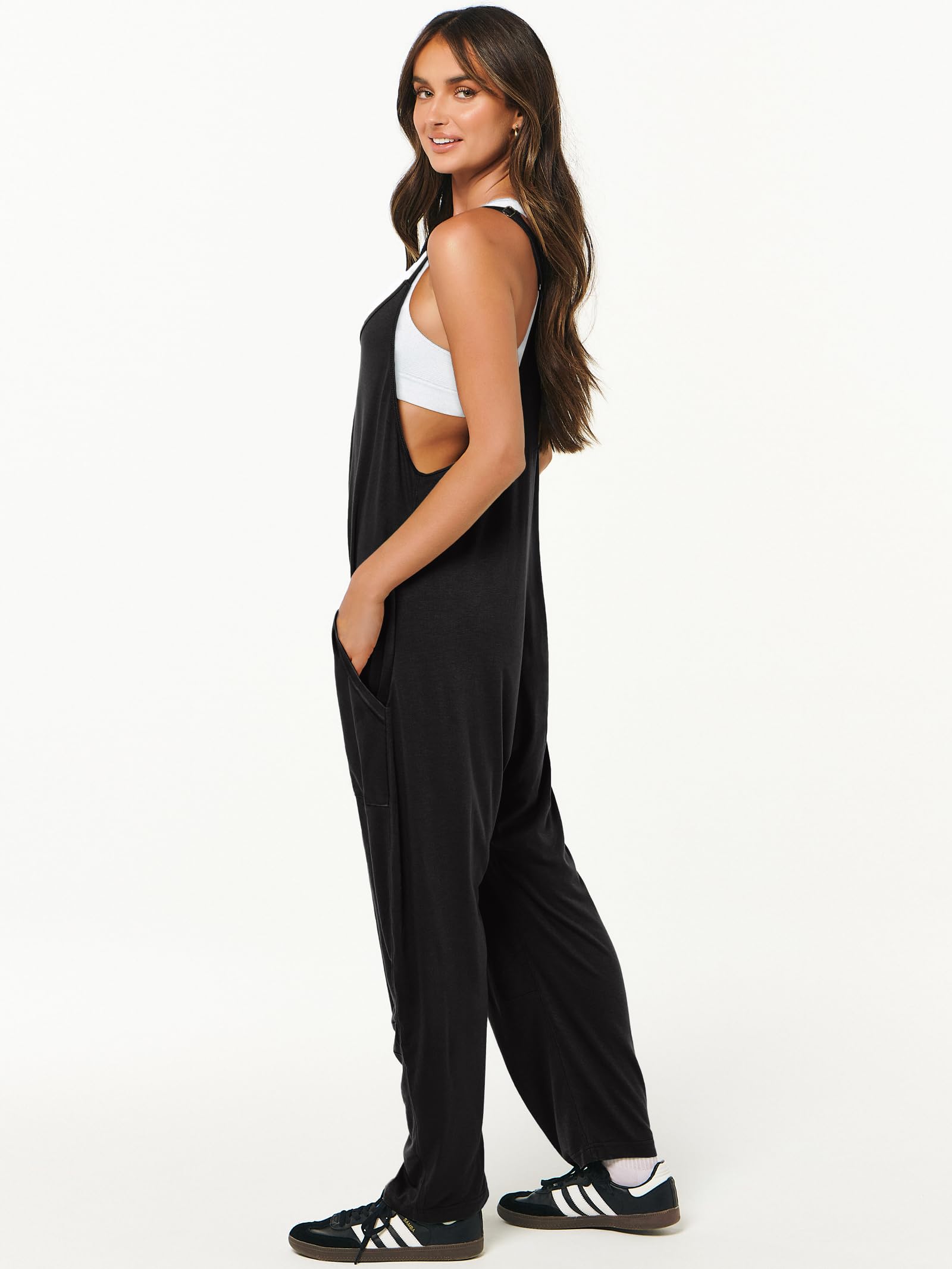 ANRABESS Jumpsuits for Women Casual Summer Overalls Sleeveless Spaghetti Strap Romper Jumpers Trendy Beach Vacation Outfits Black Large