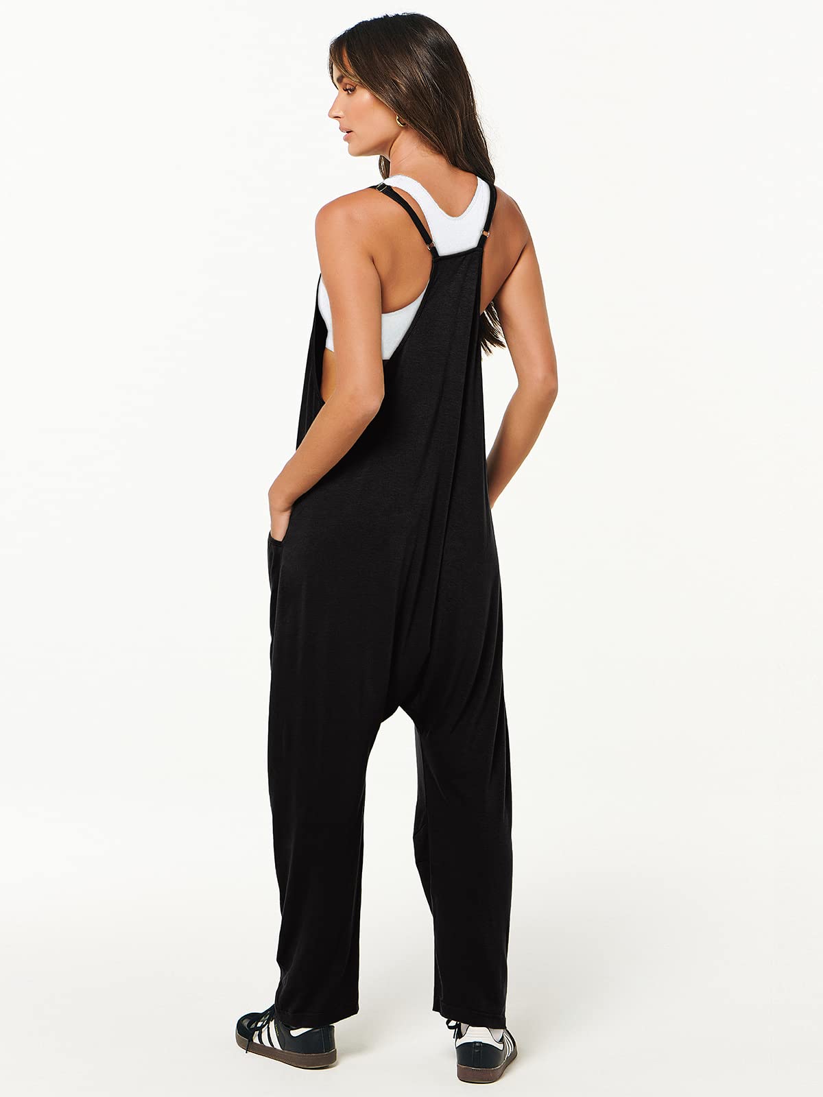 ANRABESS Jumpsuits for Women Casual Summer Overalls Sleeveless Spaghetti Strap Romper Jumpers Trendy Beach Vacation Outfits Black Large