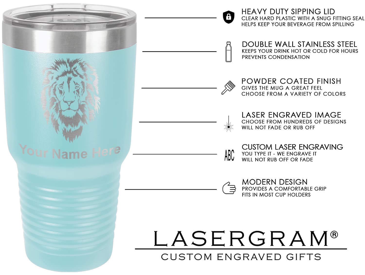 LaserGram 30oz Vacuum Insulated Tumbler Mug, Gorilla, Personalized Engraving Included (Light Blue)