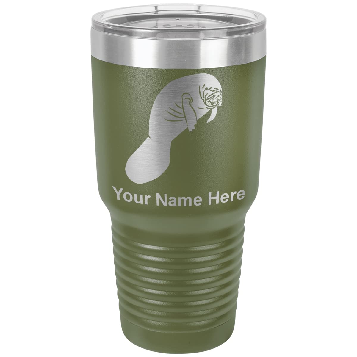 LaserGram 30oz Vacuum Insulated Tumbler Mug, Manatee, Personalized Engraving Included (Camo Green)