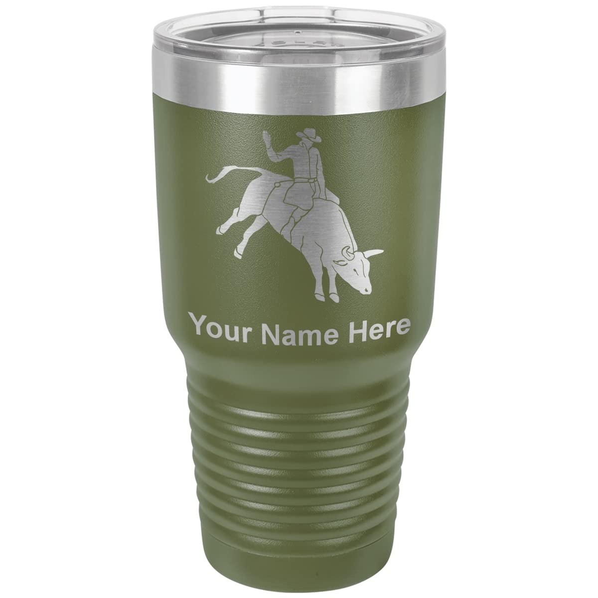 LaserGram 30oz Vacuum Insulated Tumbler Mug, Bull Rider Cowboy, Personalized Engraving Included (Camo Green)