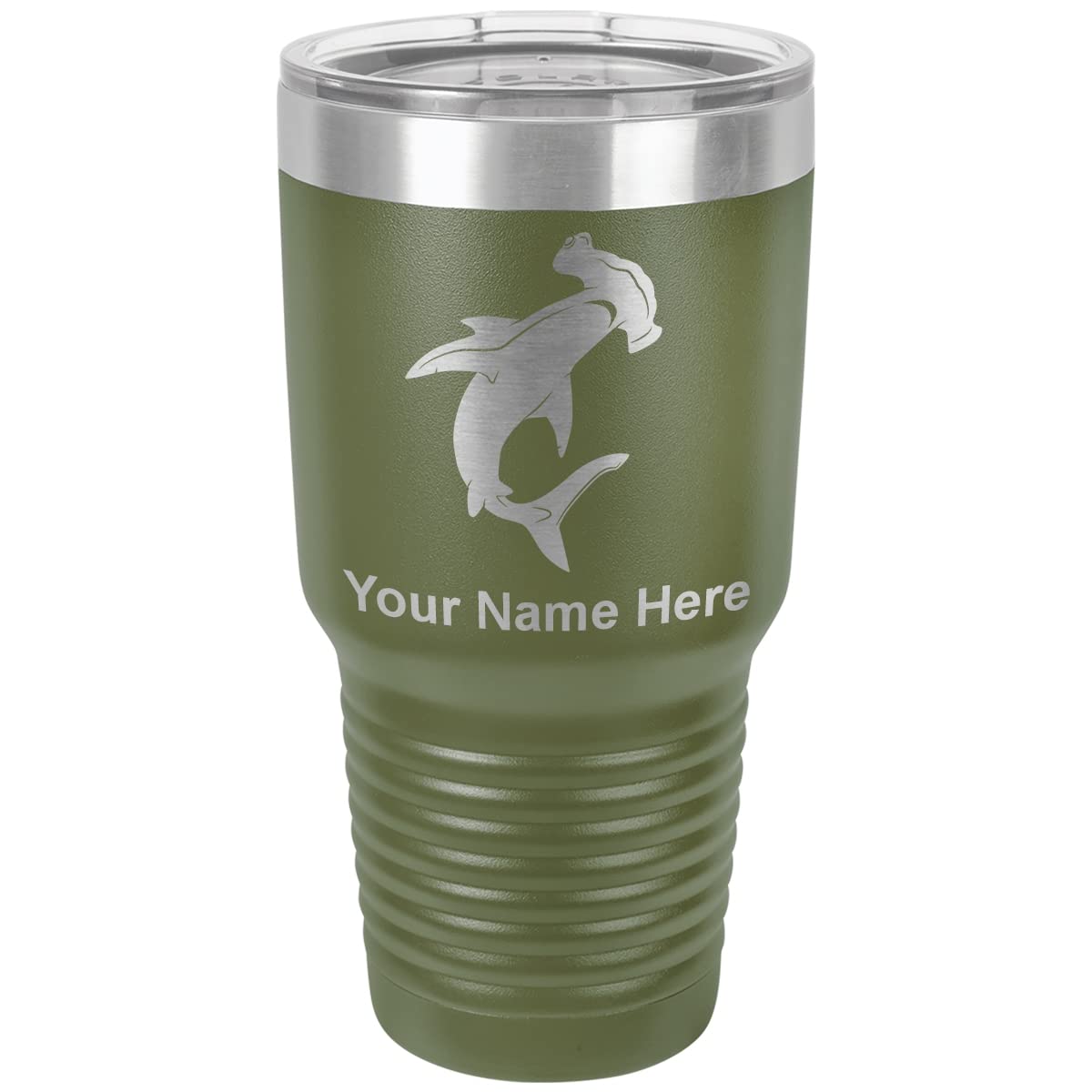 30oz Vacuum Insulated Tumbler Mug, Hammerhead Shark, Personalized Engraving Included (Camo Green)
