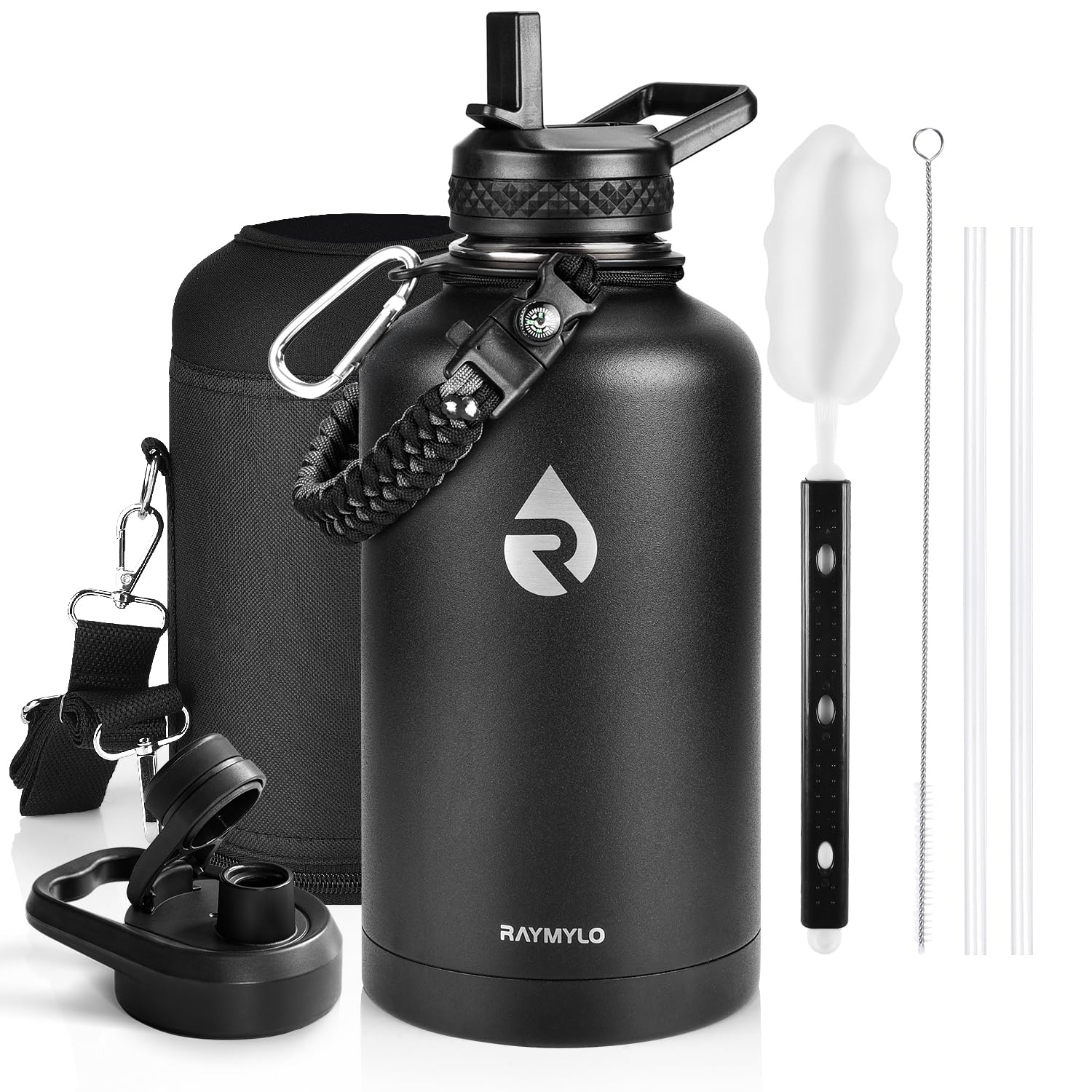 RAYMYLO Insulated Water Bottle 64 oz, Triple Wall Vacuum Stainless Steel (Cold for 48 Hrs), Leak Proof & Non-BPA, Half Gallon Water Flask Jug with Paracord Handle & Straw Spout Lids, Magic Black