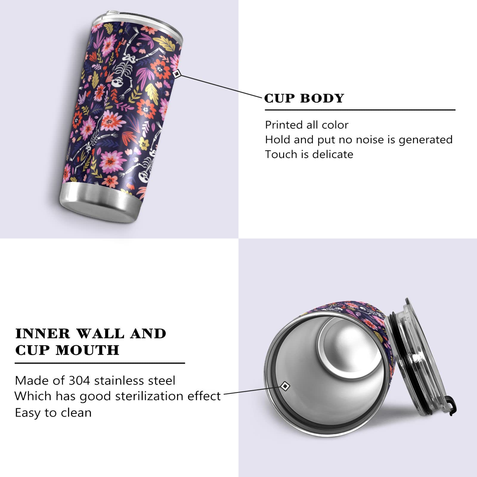 Garden Dancing Skeleton Stainless Tumbler Skull Insulated Coffee Cups with Lid and Straw Travel Mug for Hot and Cold Drinks 20oz