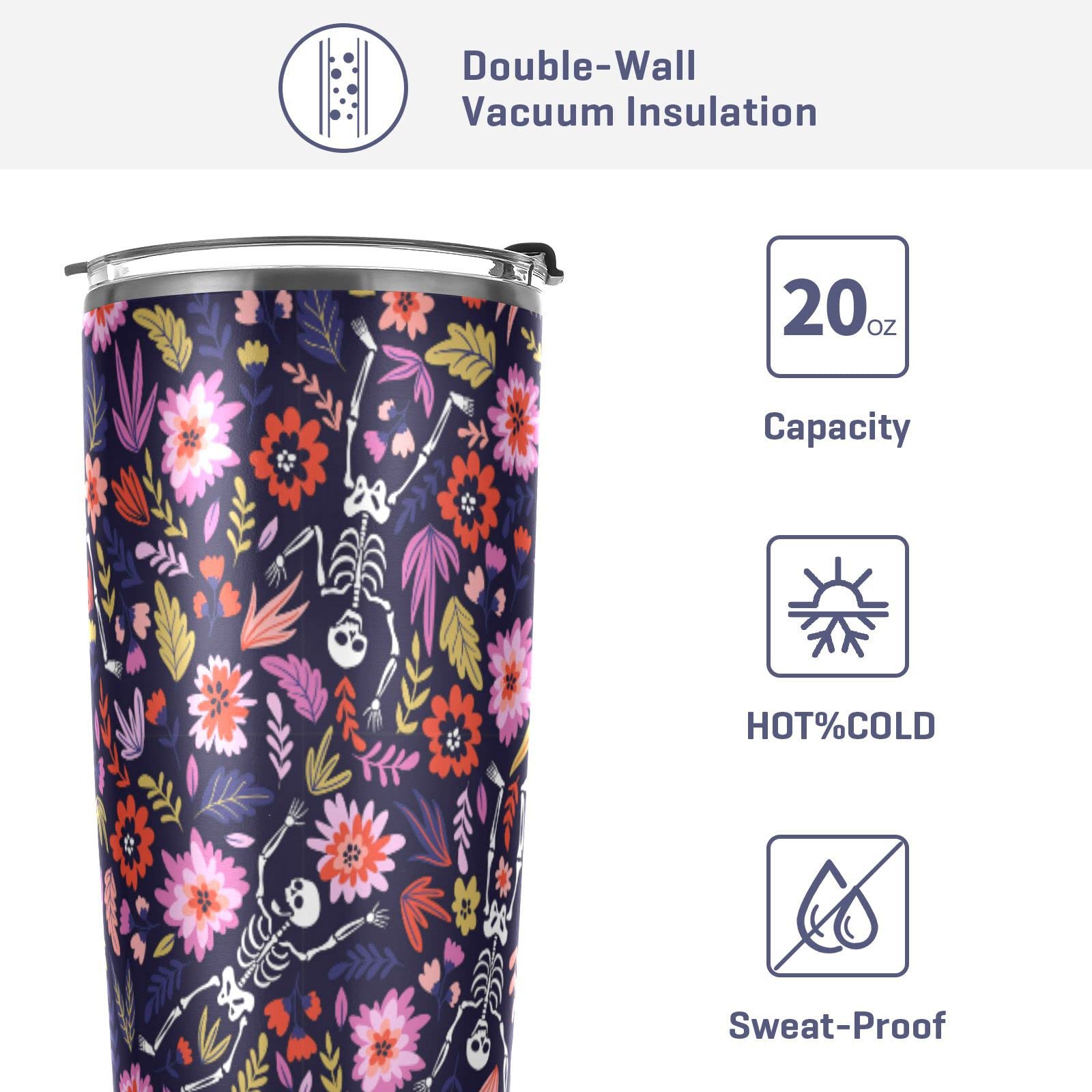 Garden Dancing Skeleton Stainless Tumbler Skull Insulated Coffee Cups with Lid and Straw Travel Mug for Hot and Cold Drinks 20oz