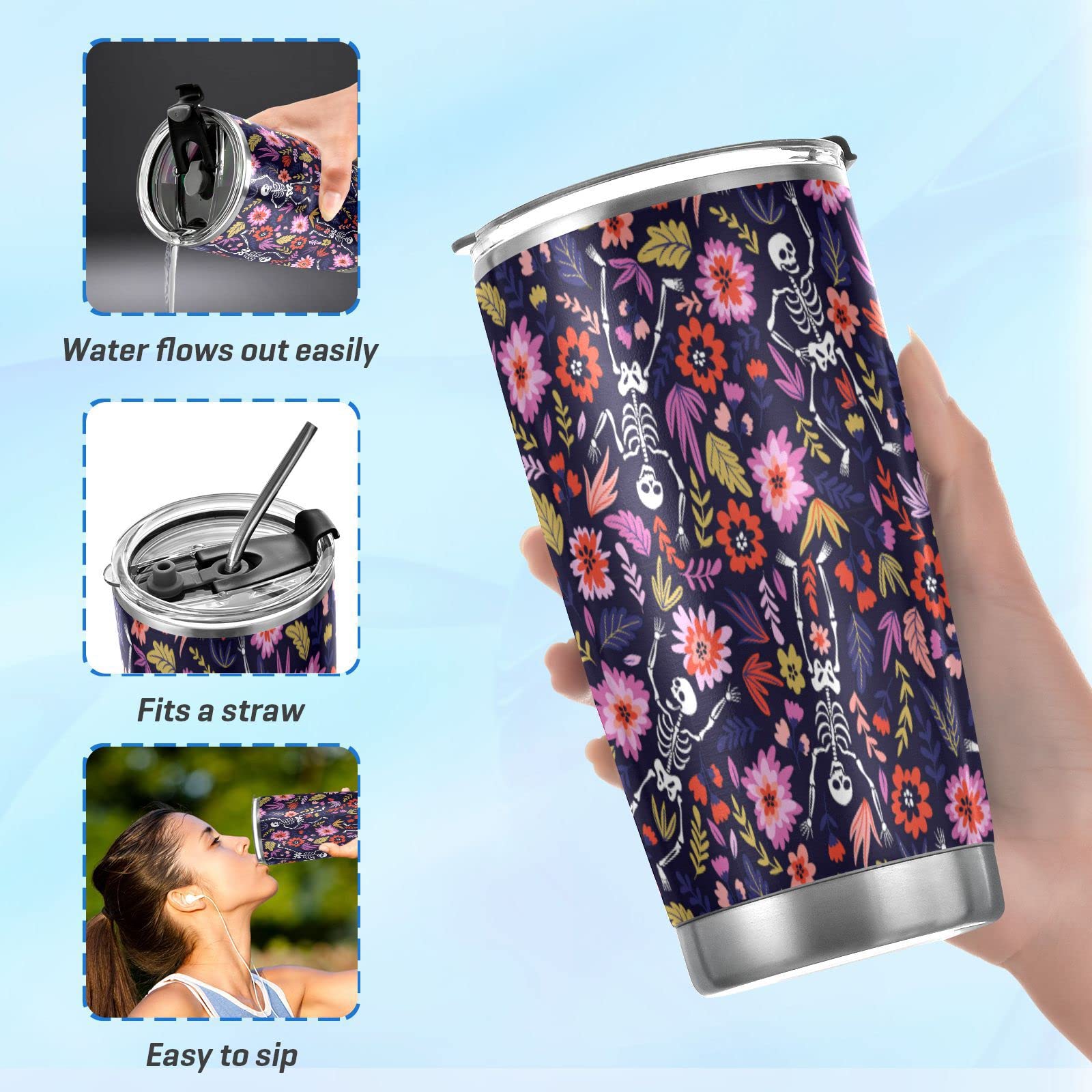 Garden Dancing Skeleton Stainless Tumbler Skull Insulated Coffee Cups with Lid and Straw Travel Mug for Hot and Cold Drinks 20oz
