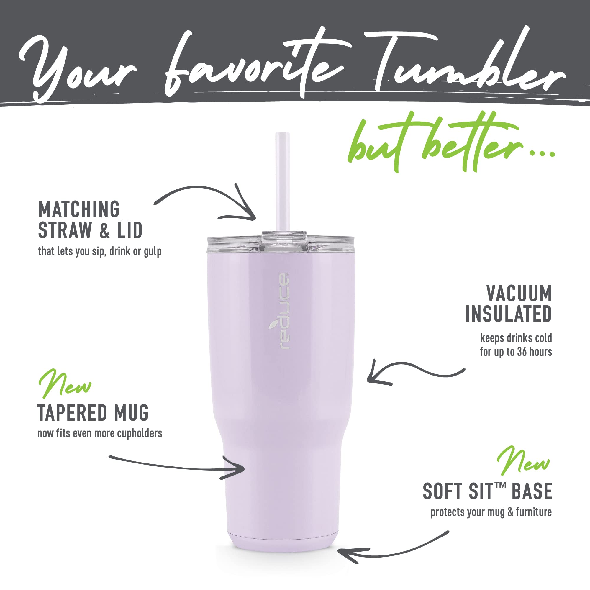 REDUCE Cold1 34 oz Tumbler with Lid and Straw - Vacuum Insulated Stainless Steel Water Bottle for Home, Office or Car; Reusable Cup with Leakproof Flip Lid, Keeps Drinks Ice Cold All Day - Gloss Lilac