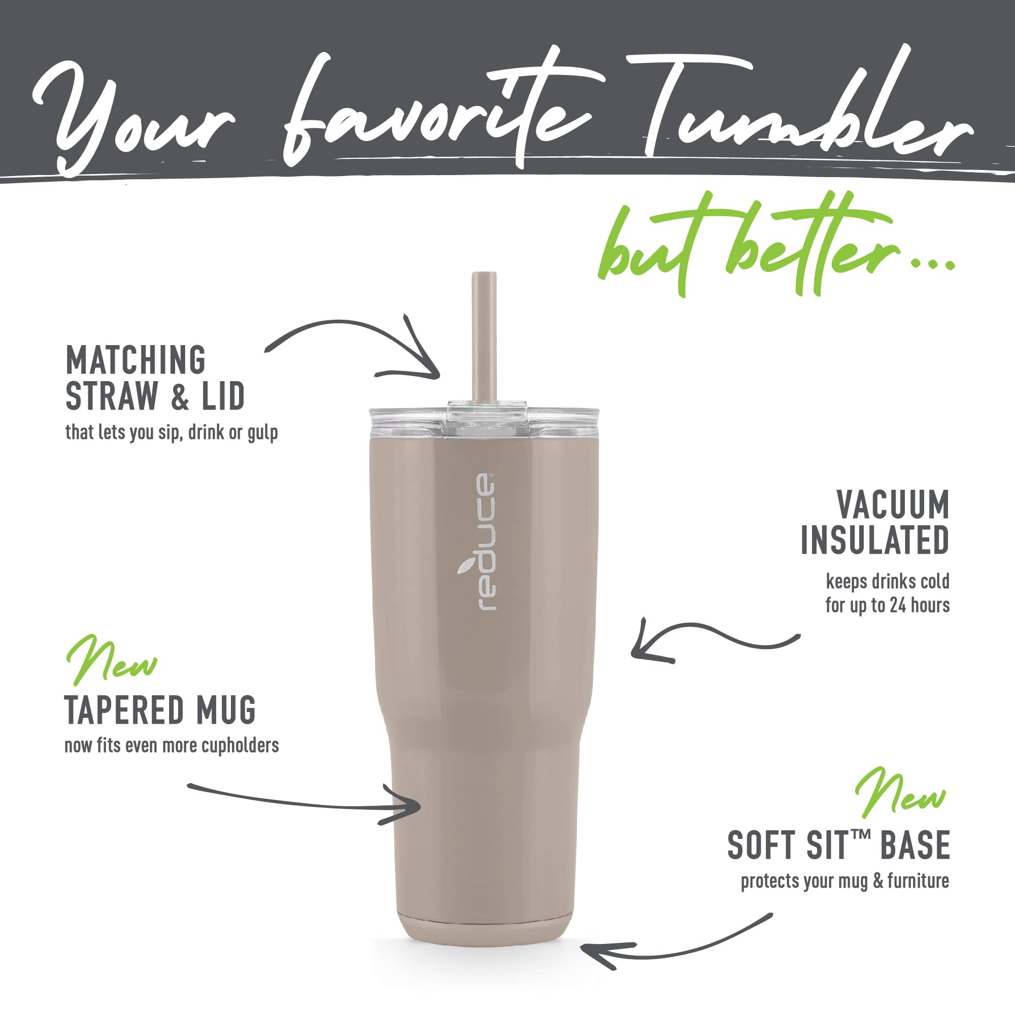REDUCE Cold1 24 oz Tumbler with Lid and Straw - Dual-Wall Vacuum Insulated Stainless Steel Tumbler - Keeps Drinks Cold up to 24 Hours - Inner Ounce Markings to Track Hydration - OG Sand