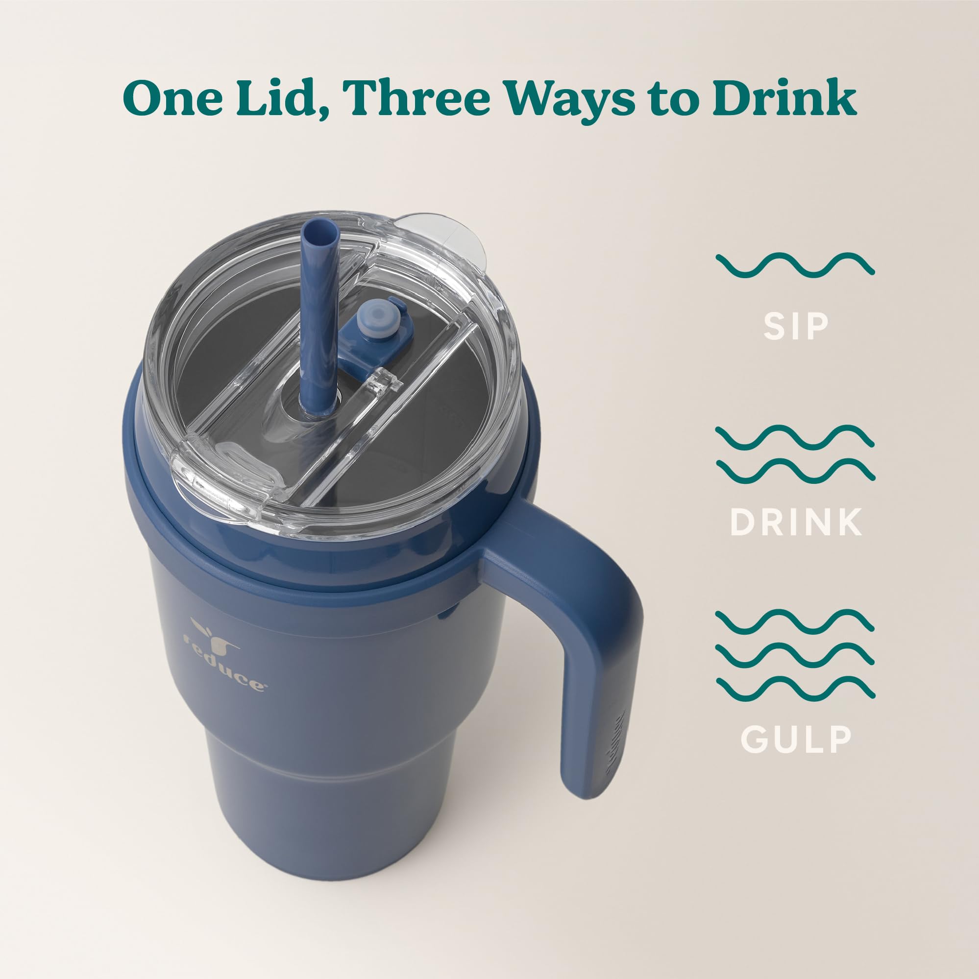 Reduce 40 oz Stainless Steel Tumbler with Handle - Dual-Wall Vacuum Insulated Travel Mug, Sweat-Proof Lid & Reusable Straw - Keeps Drinks Cold for 24 Hrs, Fits Cupholders, Dishwasher Safe-Mineral Blue
