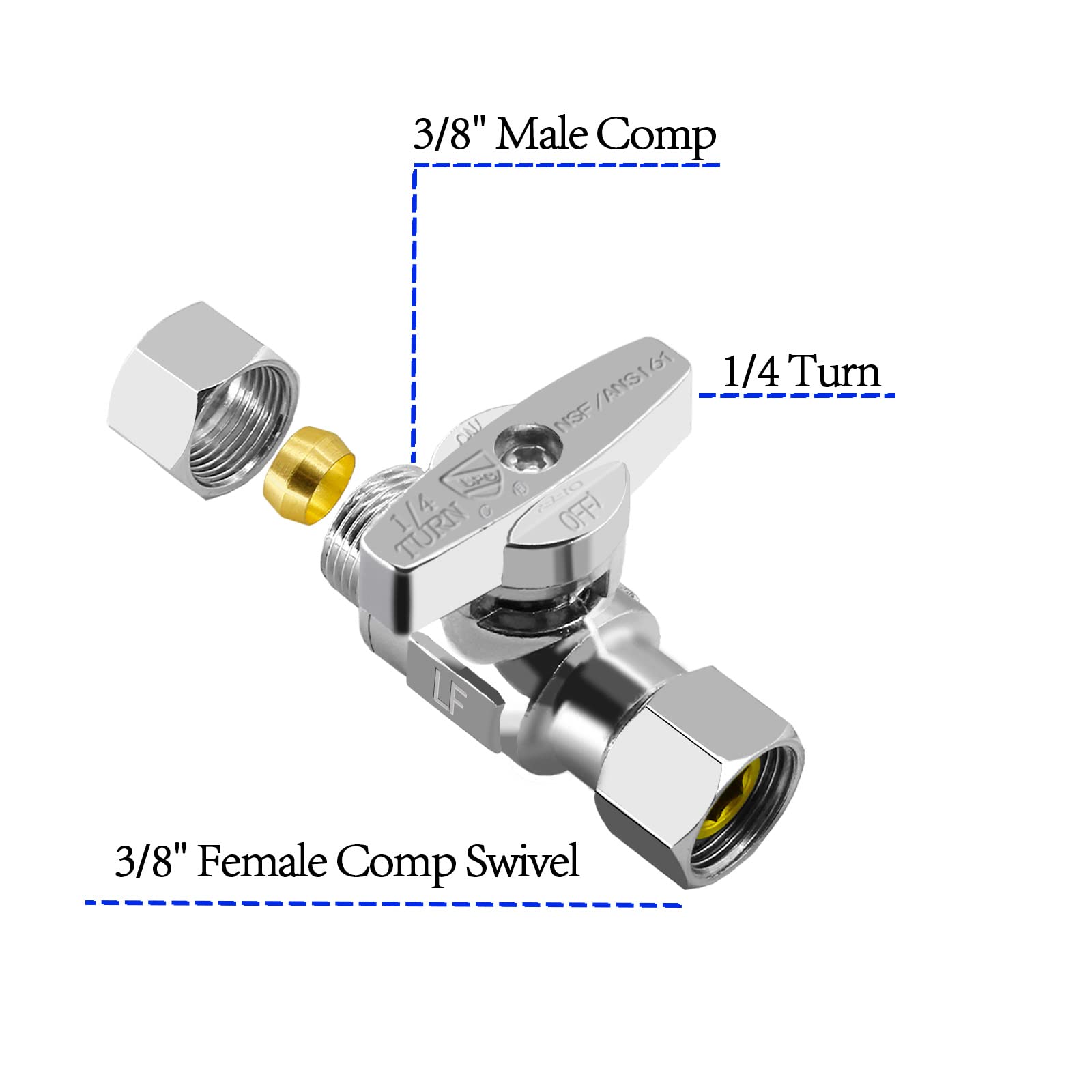 Straight Angle Stop Valve - 3/8 inch Comp Female Swivel x 3/8 inch Comp Male Add on Stop Valve,Chrome Brass Quarter Turn Straight Valve For Kitchen,Bathroom Faucet(1 Pcs)