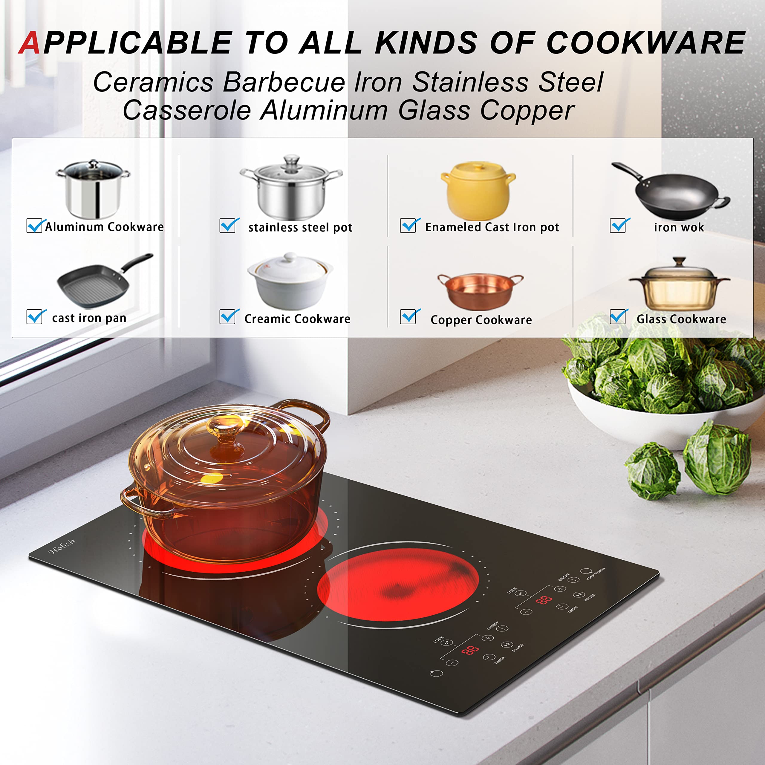2 Burner Electric Cooktop 110v, 120v Plug In Electric Stove Top Burner, 12 Inch Built-in Radiant Electrics Stove, Countertop Ceramic Cooktop with Child Safety Lock, Timer, Over-Temperature Protection