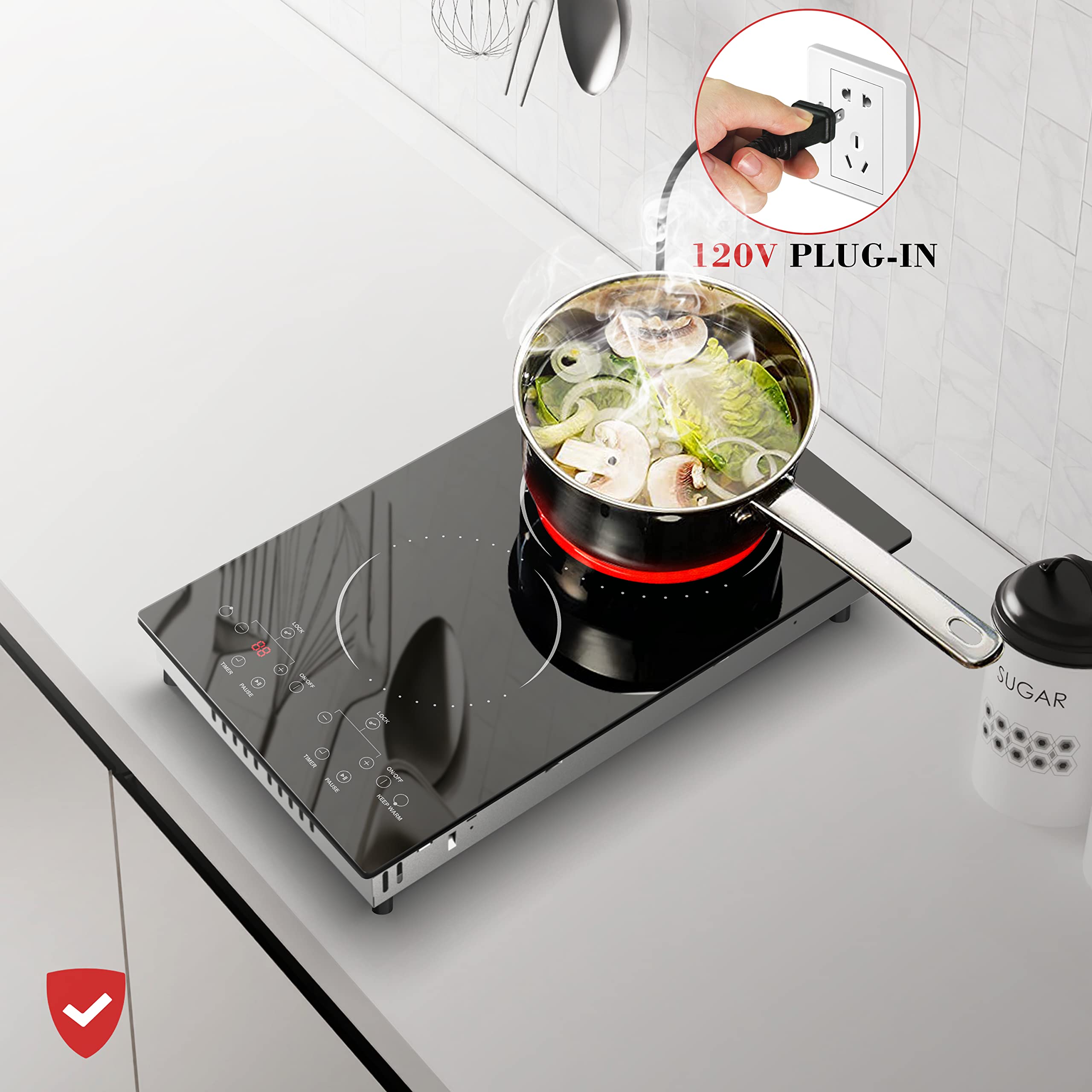 2 Burner Electric Cooktop 110v, 120v Plug In Electric Stove Top Burner, 12 Inch Built-in Radiant Electrics Stove, Countertop Ceramic Cooktop with Child Safety Lock, Timer, Over-Temperature Protection