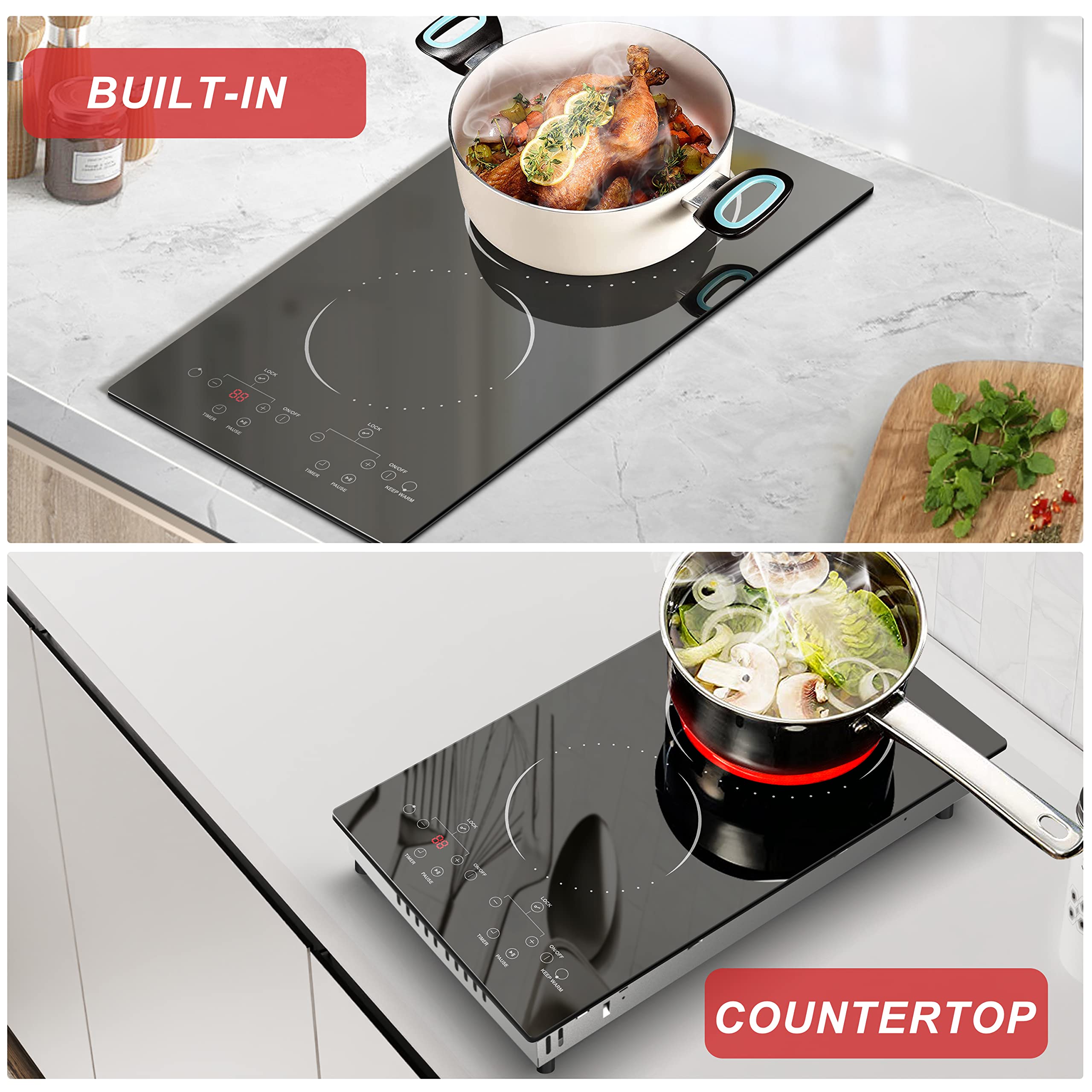 2 Burner Electric Cooktop 110v, 120v Plug In Electric Stove Top Burner, 12 Inch Built-in Radiant Electrics Stove, Countertop Ceramic Cooktop with Child Safety Lock, Timer, Over-Temperature Protection