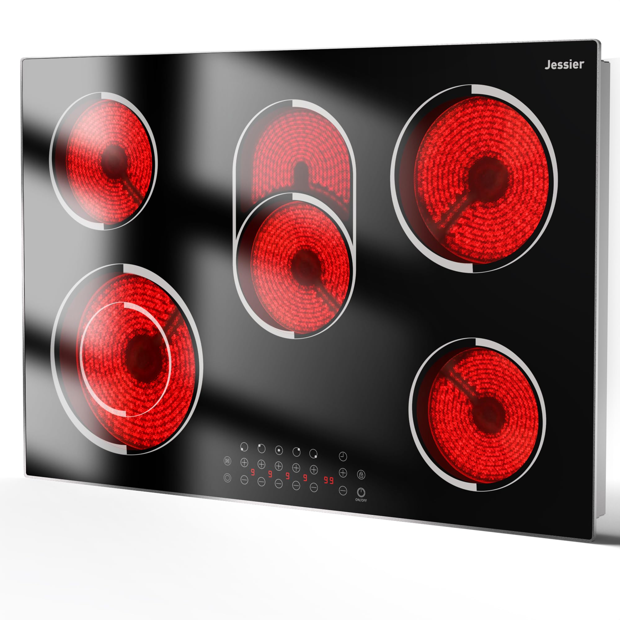 Jessier Electric Cooktop 30 Inch - 5 Burners Built-in Ceramic Cooktop, 30" Electric Stove Top with Glass Protection Metal Frame, 9 Heating Level, 8400W, 220-240V for Hard Wire(No Plug)