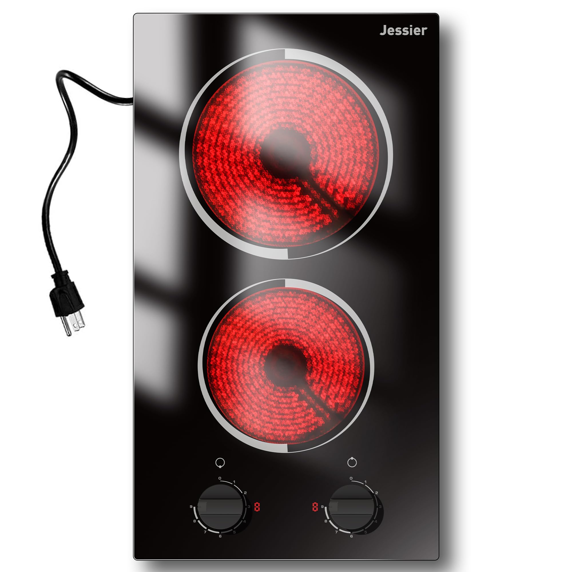 Jessier 2 Burner Electric Cooktop - 12 Inch Plug in Portable 110V Electric Cook Top, Built-in & Countertop Ceramic Stove Top with Knob Control, 9 Power Levels and Overheat Protection