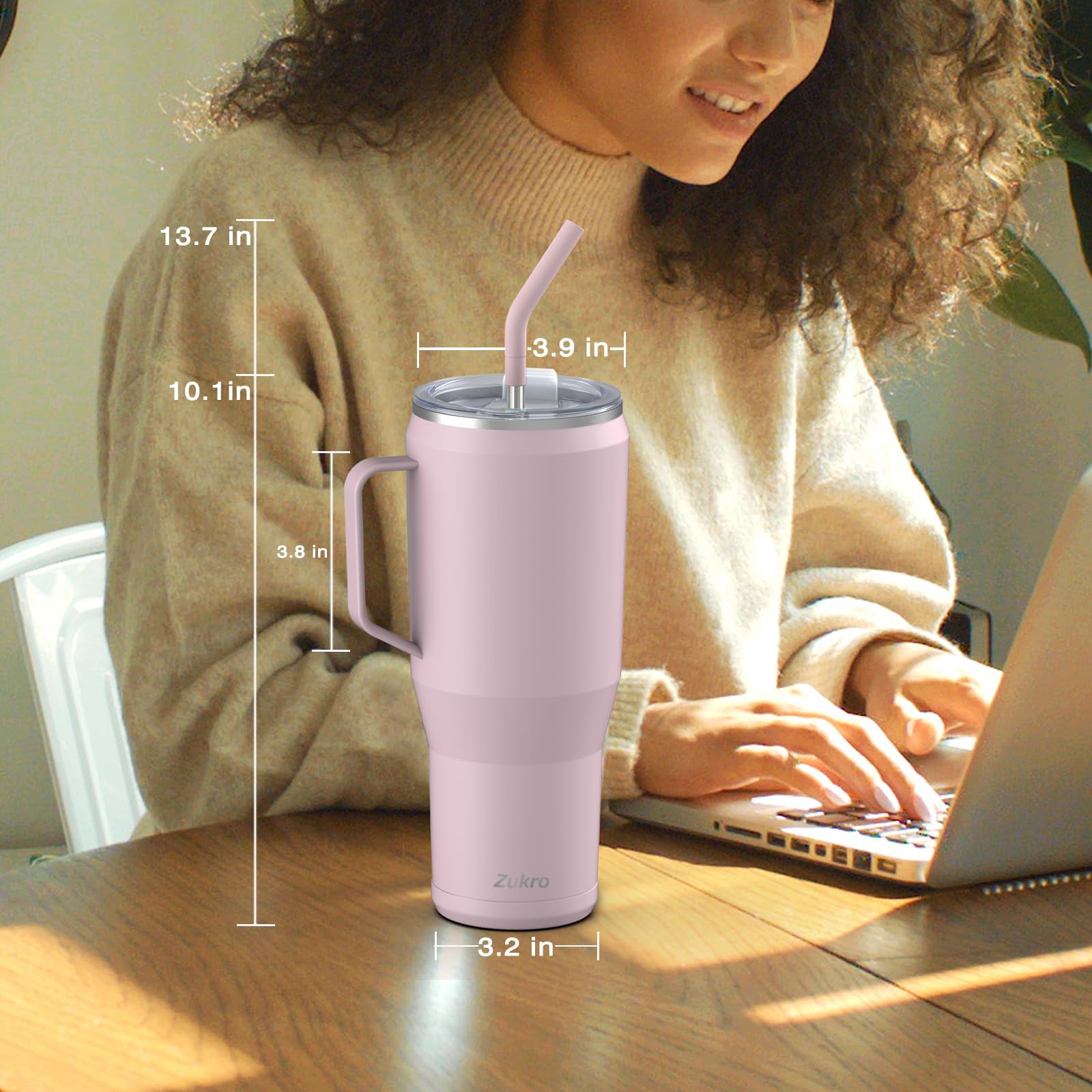 Zukro 50 oz Tumbler With Handle And Straw, Large Leak Proof Triple Wall Vacuum Insulated Stainless Steel Cup with Lid Fit in Cup Holder, Keeps Cold 30 Hours, No Sweat, Dishwasher Safe - Pink