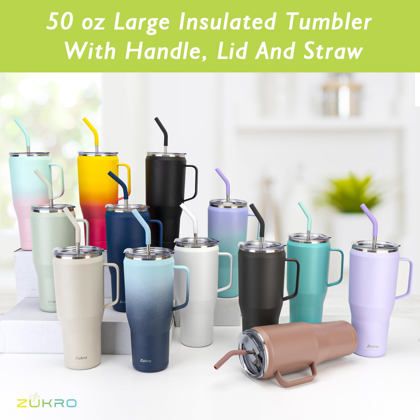 Zukro 50 oz Tumbler With Handle And Straw, Large Leak Proof Triple Wall Vacuum Insulated Stainless Steel Cup with Lid Fit in Cup Holder, Keeps Cold 30 Hours, No Sweat, Dishwasher Safe - Pink