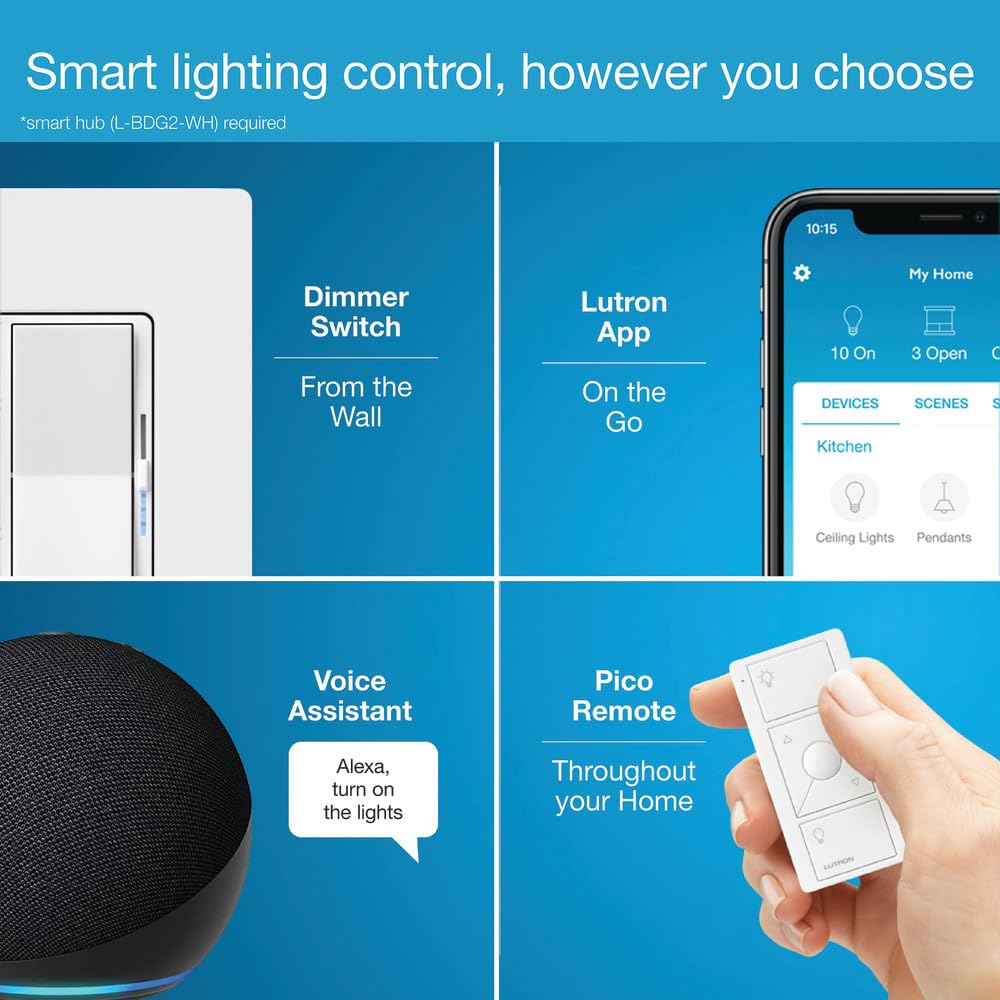 Lutron Diva Smart Dimmer Switch for Caseta Smart Lighting (Lutron Smart Hub Required), for LED Lights, 150 Watt, Single-Pole/3Way, No Neutral Required, DVRF-6L-LA, Light Almond