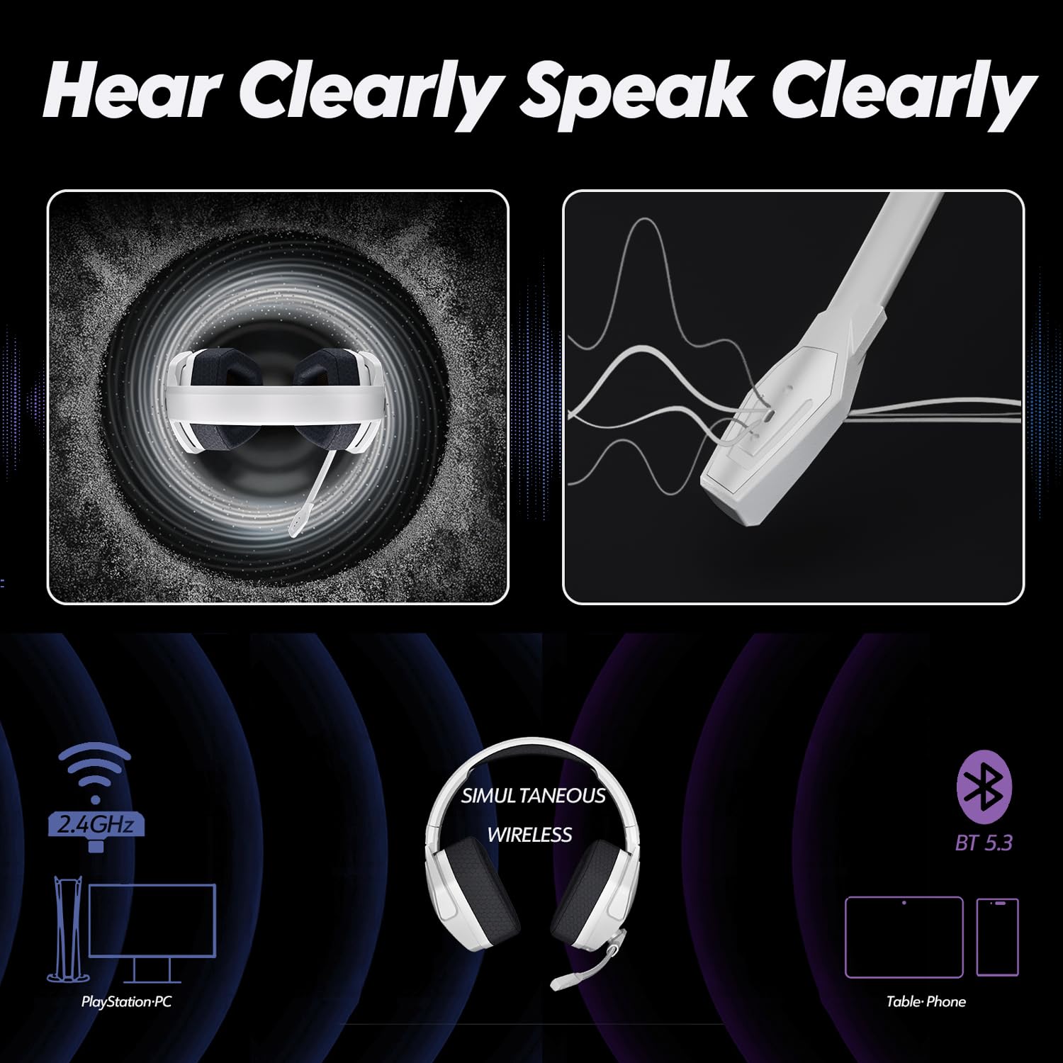 NUBWO G06 Dual Wireless Gaming Headset with Microphone for PS5, PS4, PC - 23ms Low Latency Audio - 100-Hour of Playtime - 50mm Drivers (White-Black)