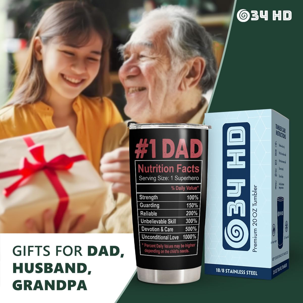 34HD Dad Travel Mug, Stainless Steel, 20 fl oz, Double Wall, Leak Proof, BPA Free