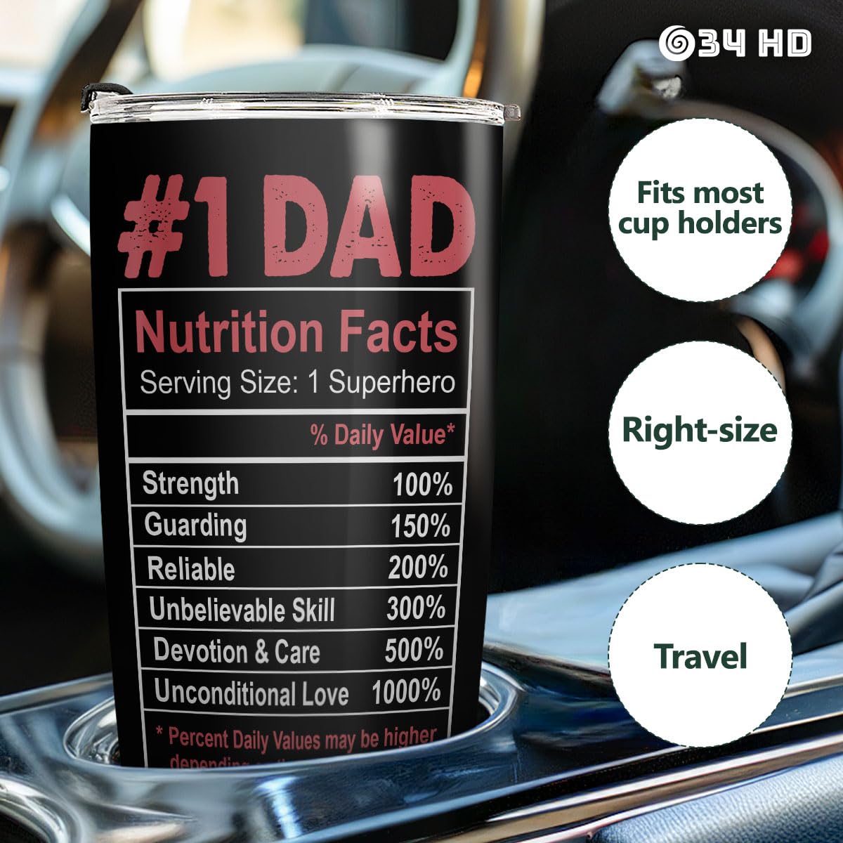 34HD Dad Travel Mug, Stainless Steel, 20 fl oz, Double Wall, Leak Proof, BPA Free