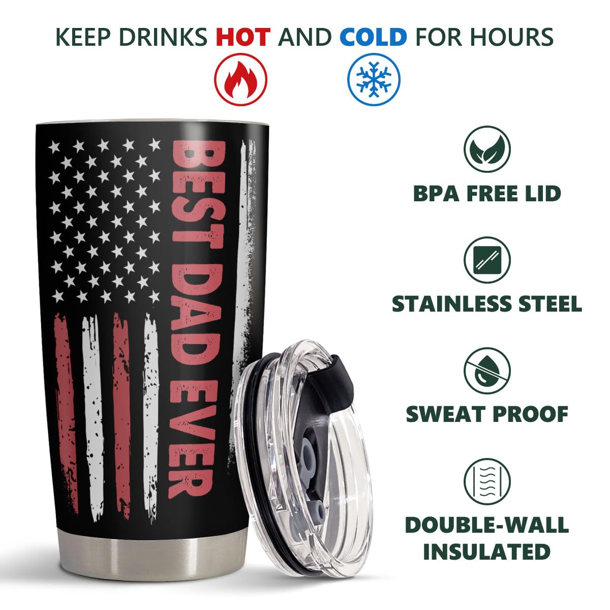 34HD Dad Travel Mug, Stainless Steel, 20 fl oz, Double Wall, Leak Proof, BPA Free