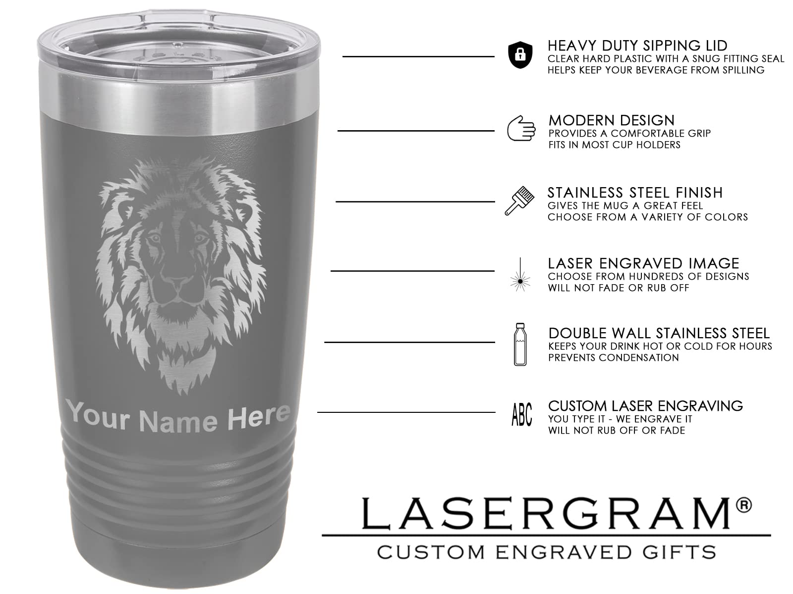 LaserGram 20oz Vacuum Insulated Tumbler Mug, Hippopotamus, Personalized Engraving Included (Gray)
