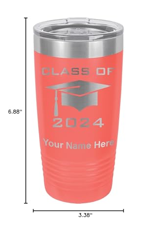 LaserGram 20oz Vacuum Insulated Tumbler Mug, Grad Cap Class of 2023, 2024, 2025, 2026, 2027, Personalized Engraving Included (Coral)