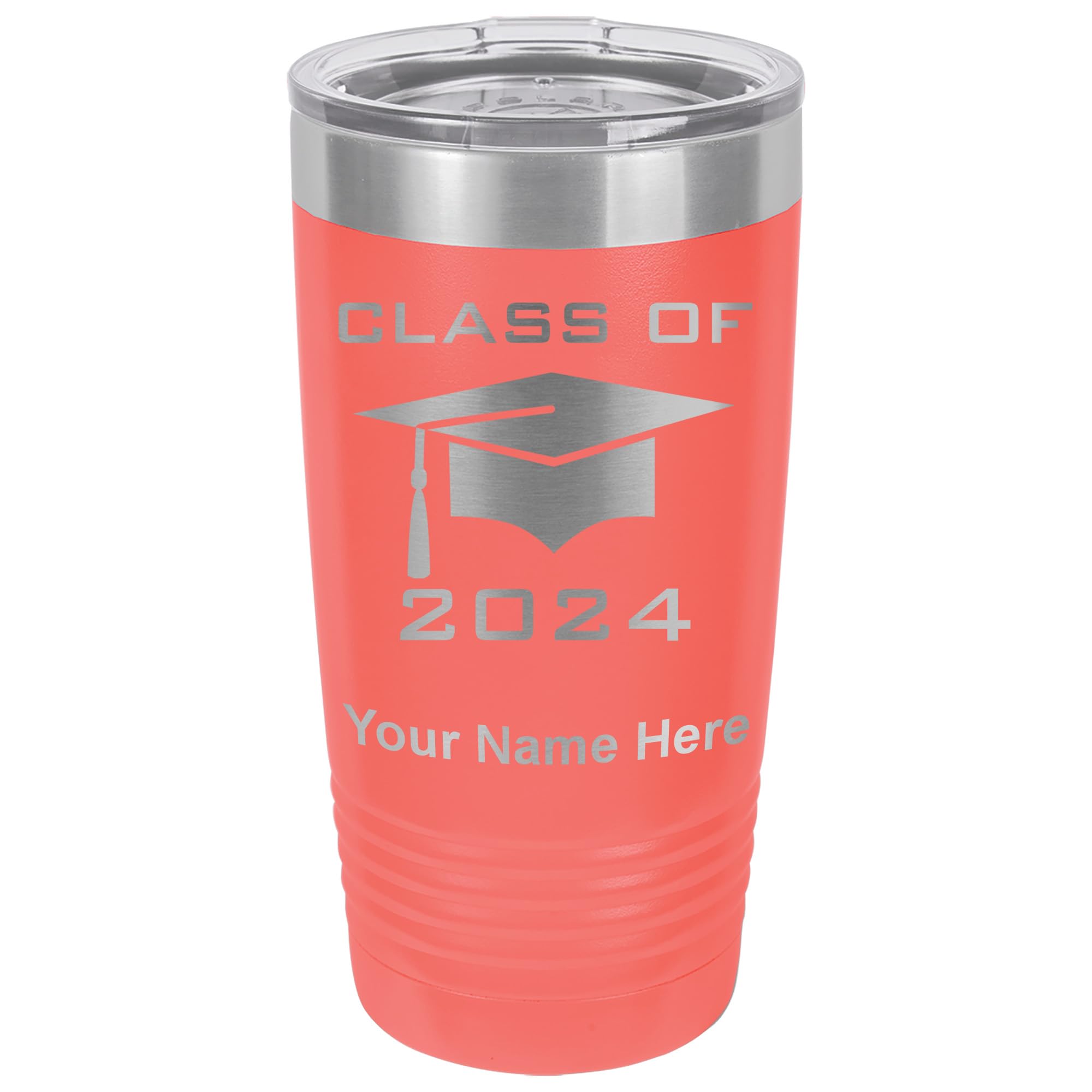 LaserGram 20oz Vacuum Insulated Tumbler Mug, Grad Cap Class of 2023, 2024, 2025, 2026, 2027, Personalized Engraving Included (Coral)